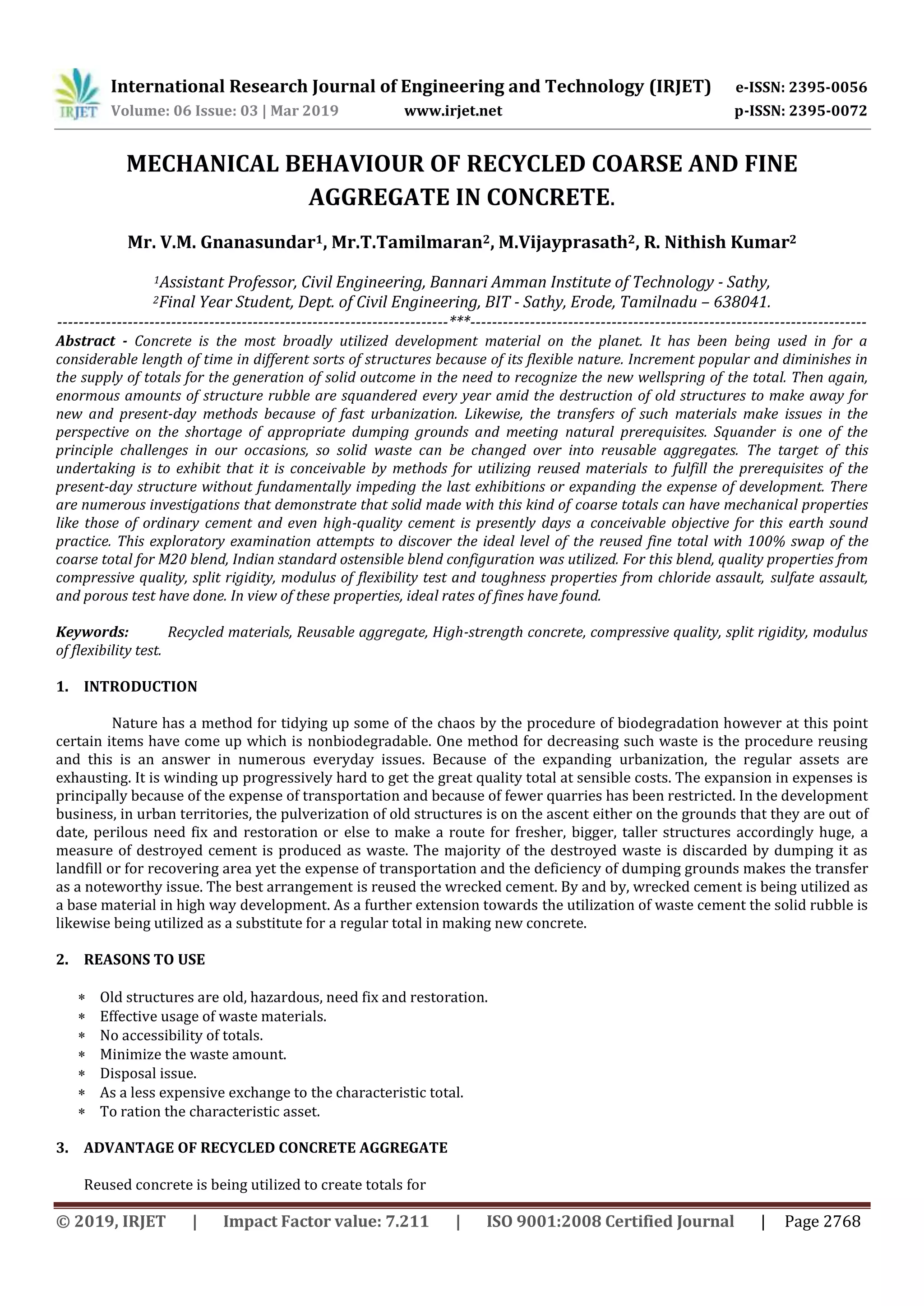 IRJET- Mechanical Behaviour of Recycled Coarse and Fine Aggregate in Concrete | PDF