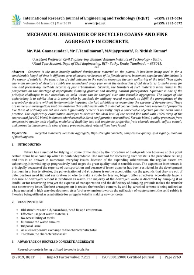 IRJET- Mechanical Behaviour of Recycled Coarse and Fine Aggregate in Concrete | PDF