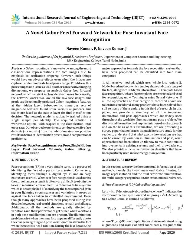 IRJET- A Novel Gabor Feed Forward Network for Pose Invariant Face Recognition | PDF
