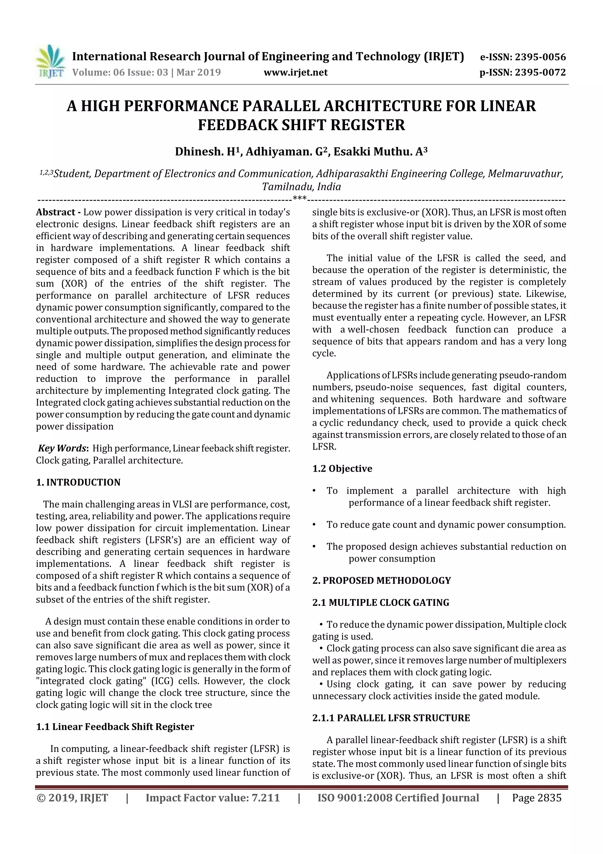 IRJET- A High Performance Parallel Architecture for Linear Feedback ...