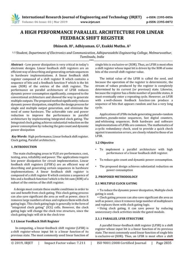IRJET- A High Performance Parallel Architecture for Linear Feedback Shift Register | PDF