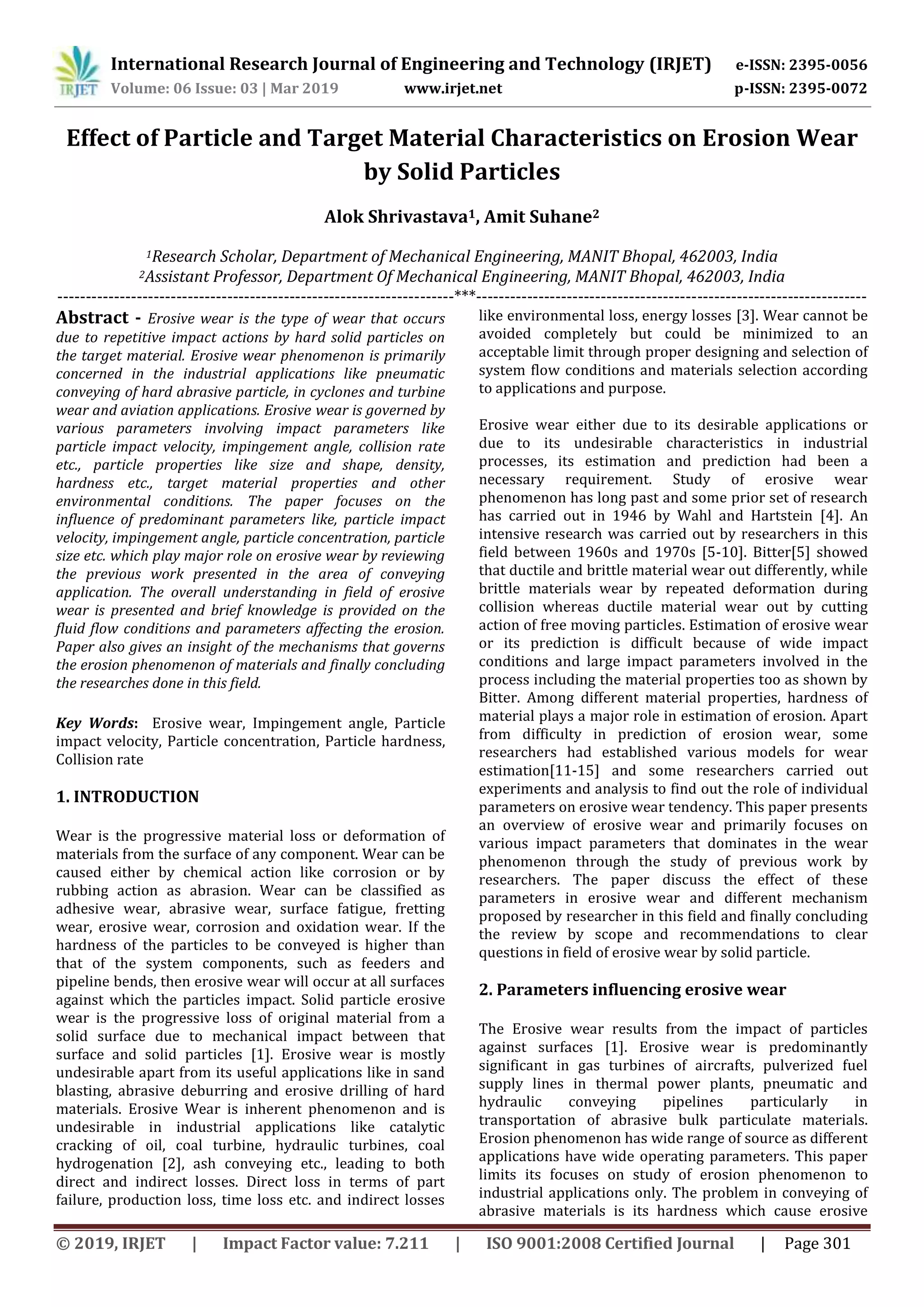 Irjet Effect Of Particle And Target Material Characteristics On