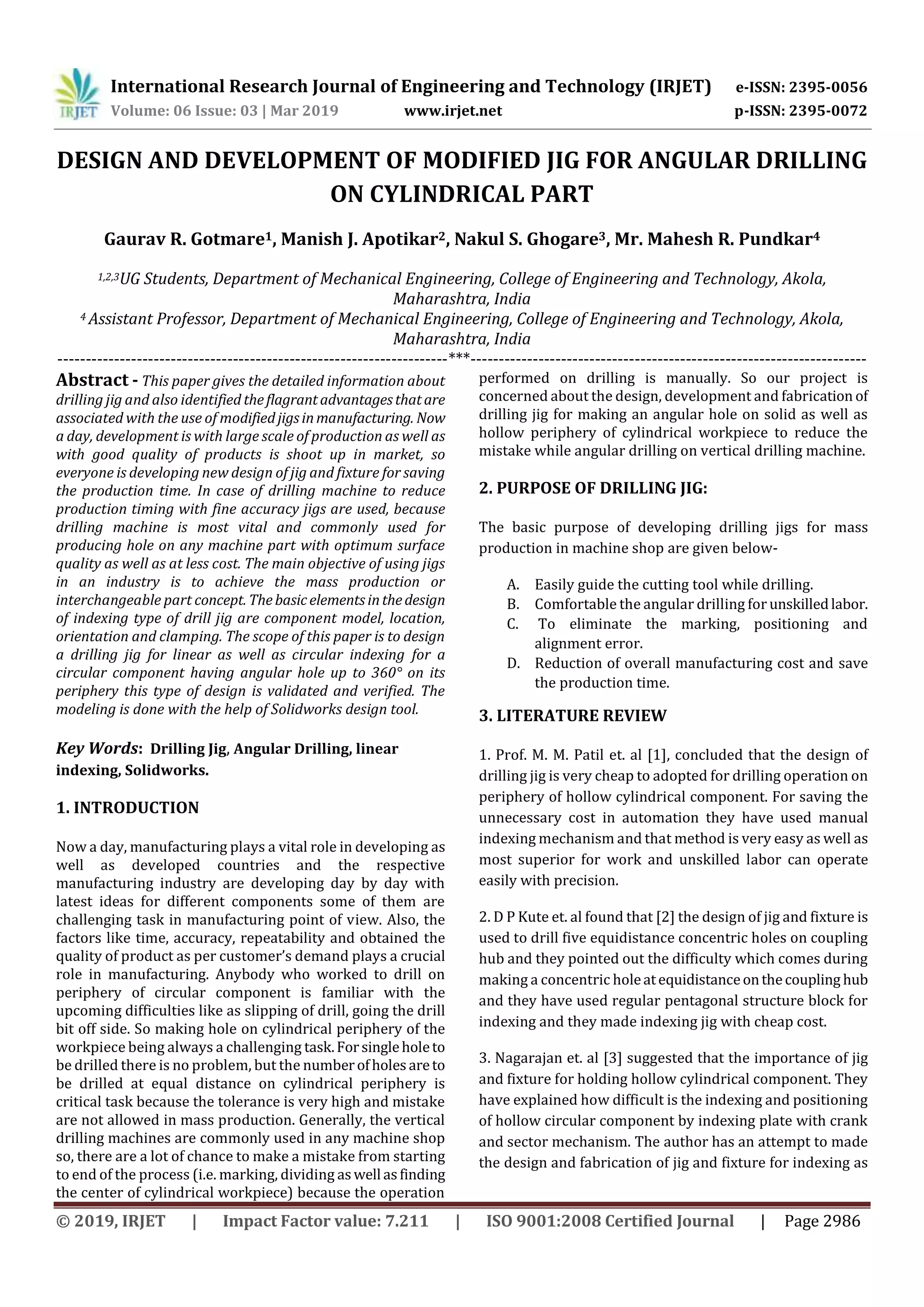 IRJET- Design and Development of Modified Jig for Angular Drilling on ...