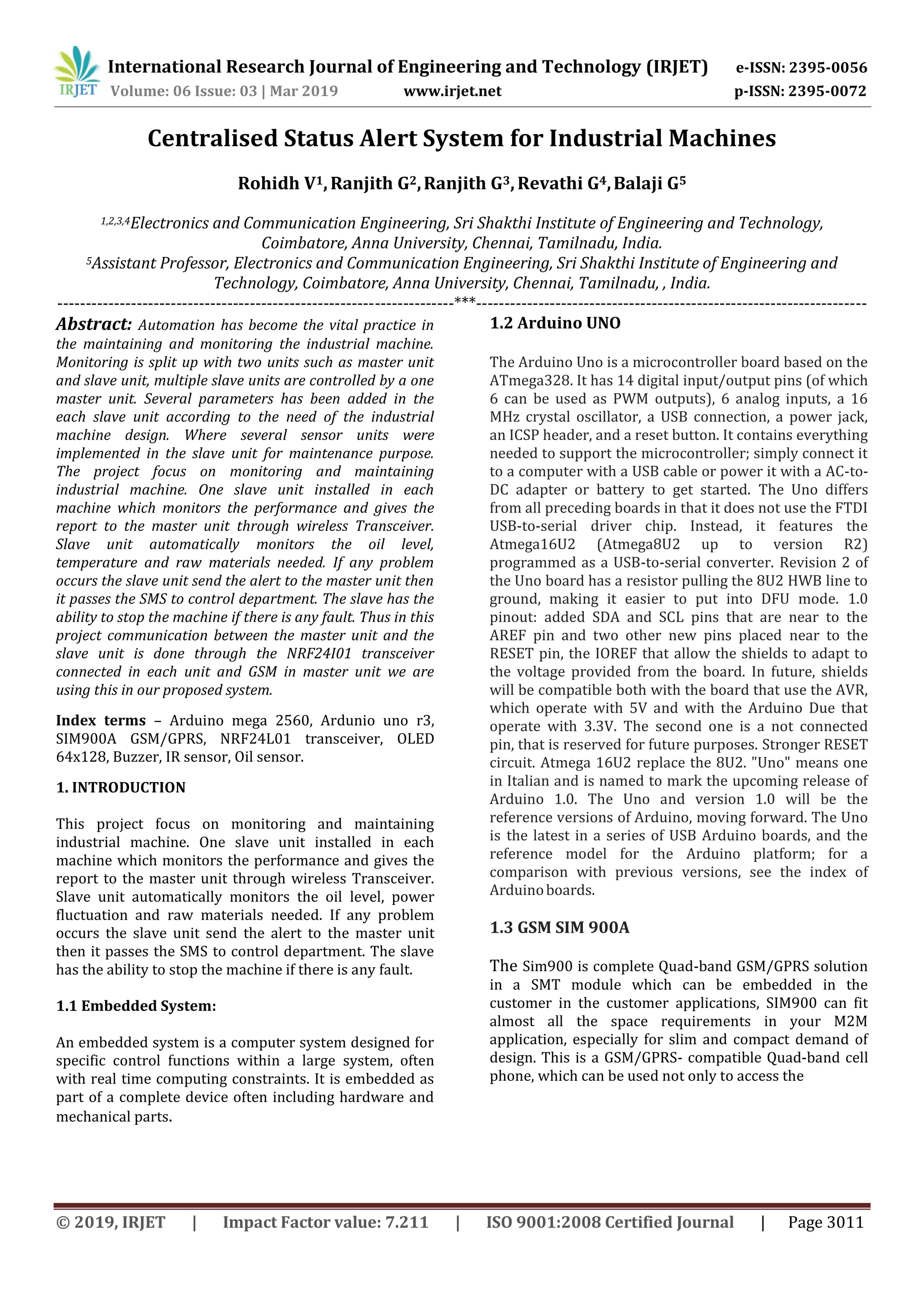 IRJET- Centralised Status alert system for industrial machines | PDF