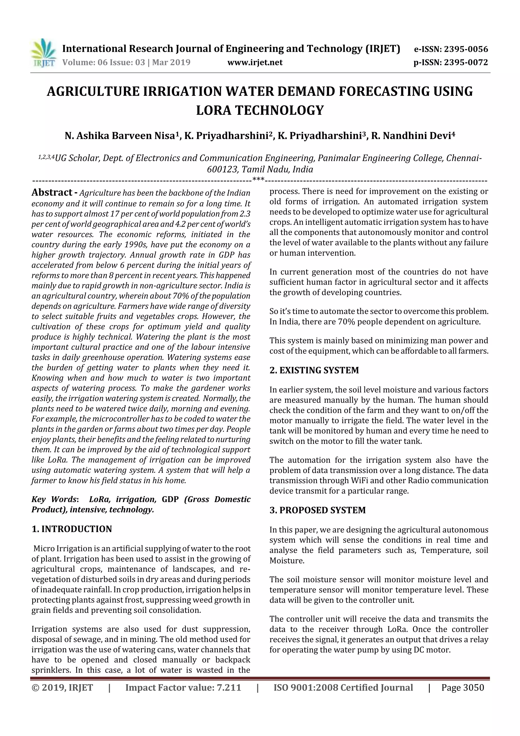 IRJET- Agriculture Irrigation Water Demand Forecasting using Lora Technology | PDF