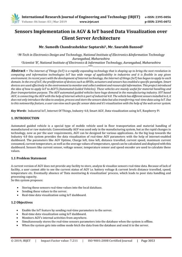 IRJET- Sensors implementation in AGV & IoT based data visualization over client server ...