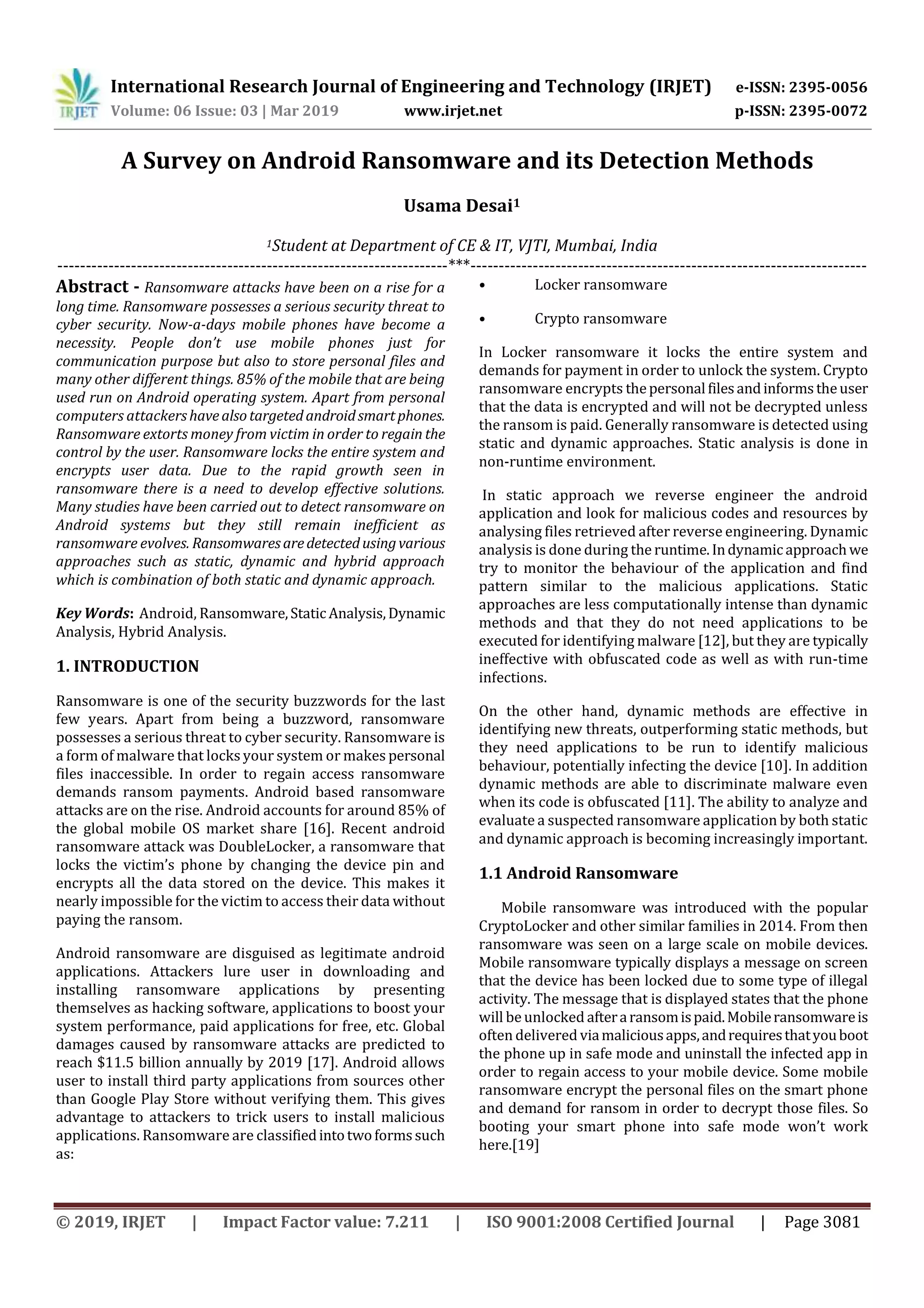 IRJET- A Survey on Android Ransomware and its Detection Methods | PDF