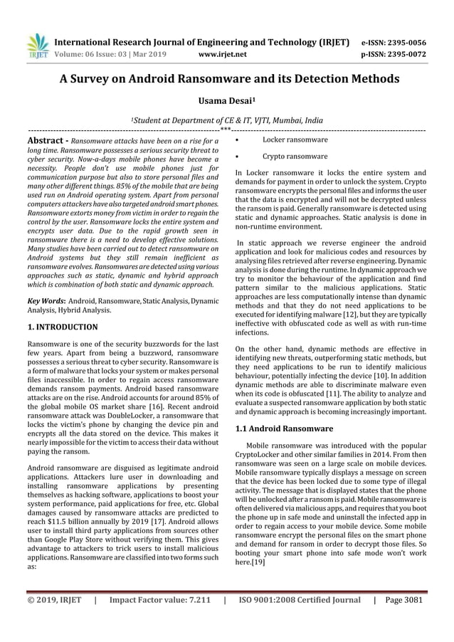 Irjet A Survey On Android Ransomware And Its Detection Methods Pdf