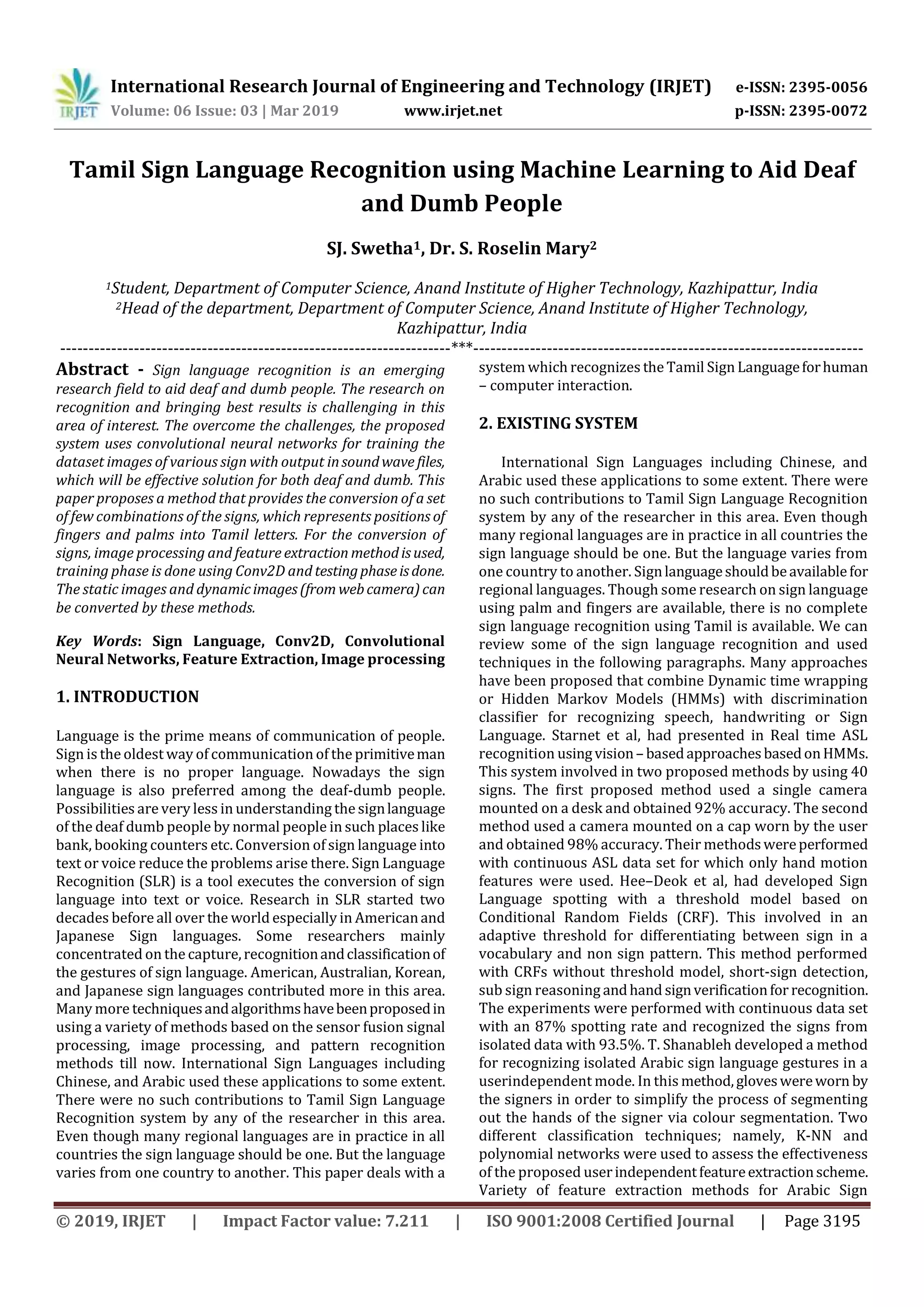 IRJET- Tamil Sign Language Recognition Using Machine Learning to Aid Deaf and Dumb People | PDF