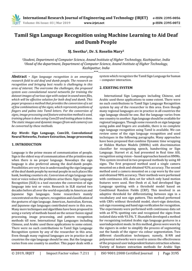IRJET- Tamil Sign Language Recognition Using Machine Learning to Aid Deaf and Dumb People | PDF