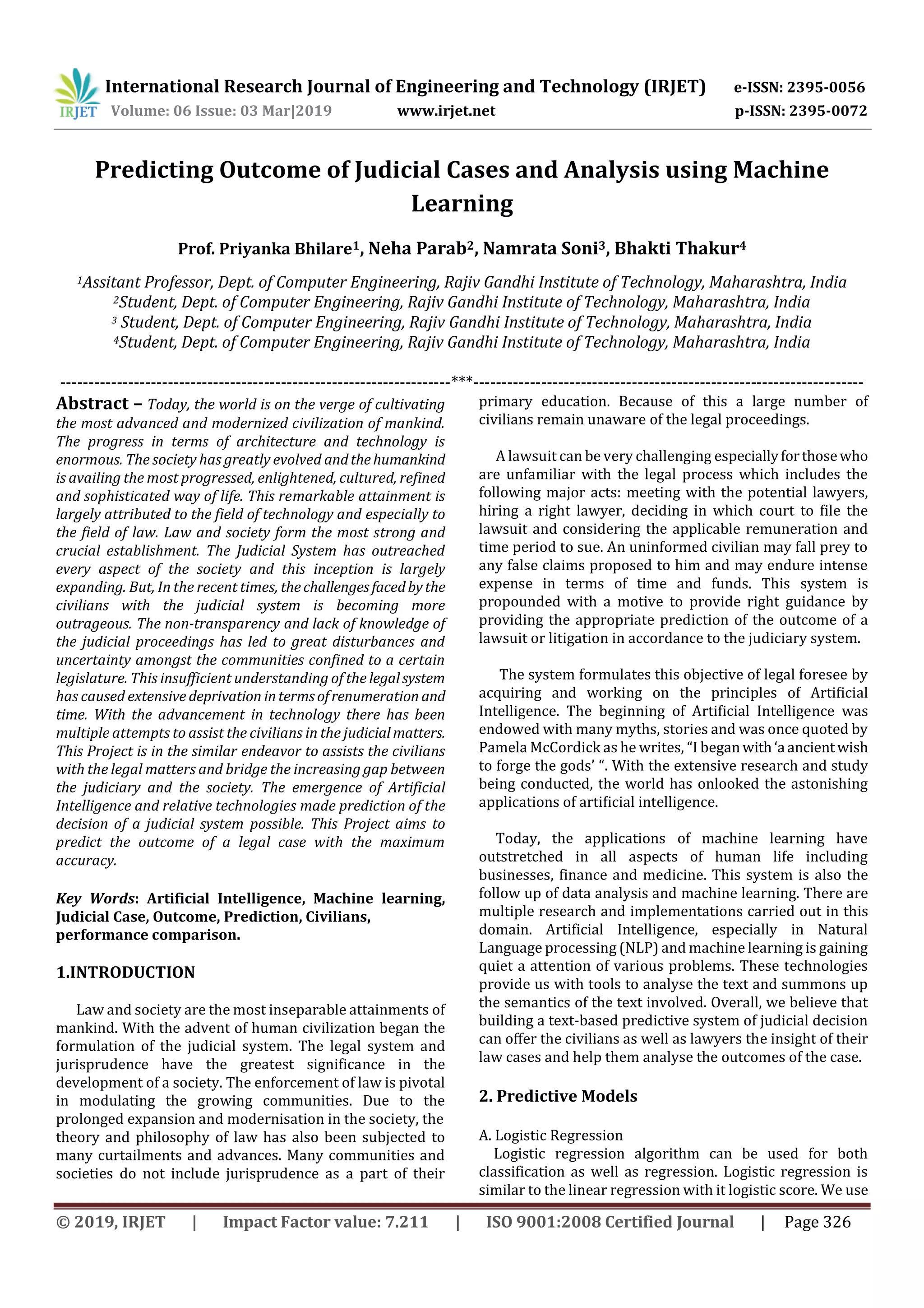 IRJET- Predicting Outcome of Judicial Cases and Analysis using Machine Learning | PDF