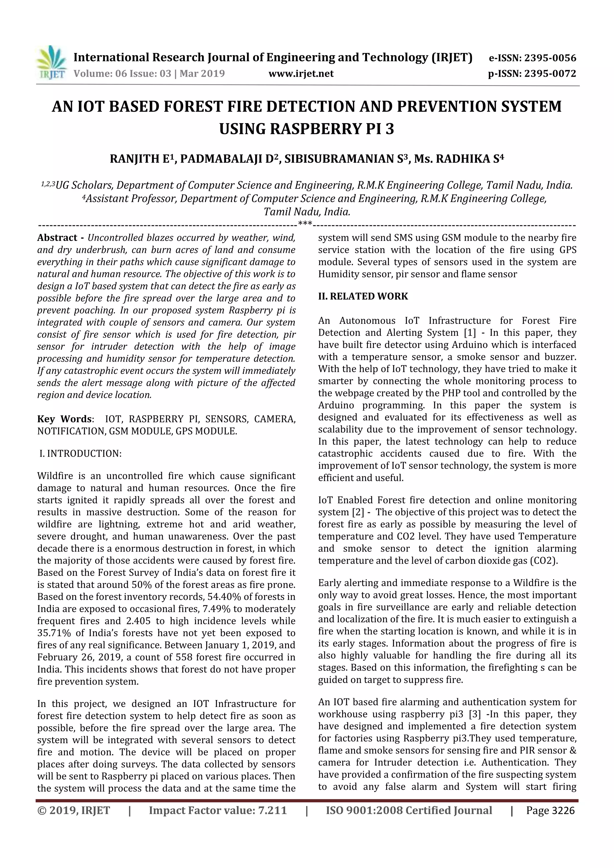 IRJET- An IoT Based Forest Fire Detection and Prevention System using Raspberry PI 3 | PDF