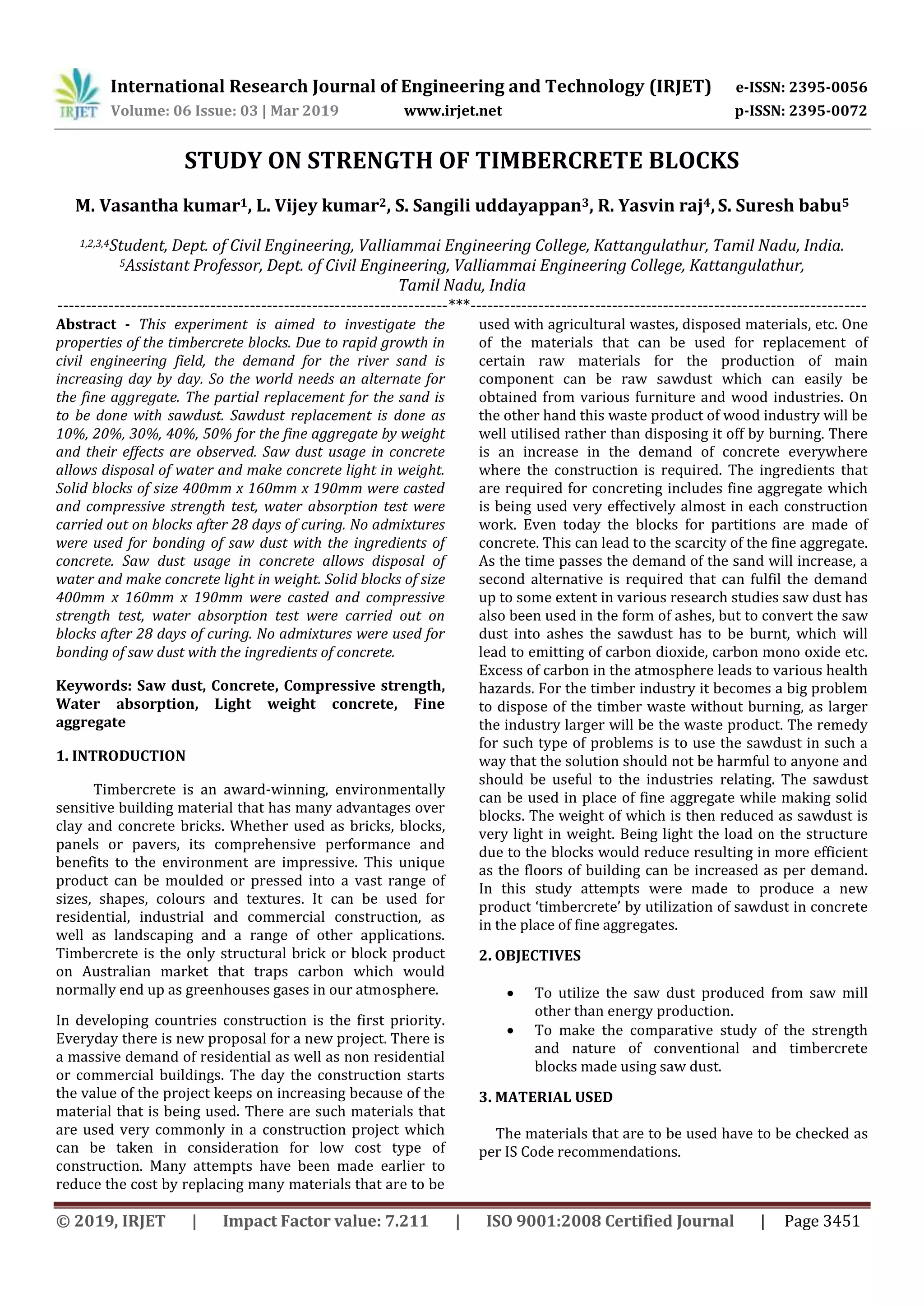 IRJET- Study on Strength of Timbercrete Blocks | PDF