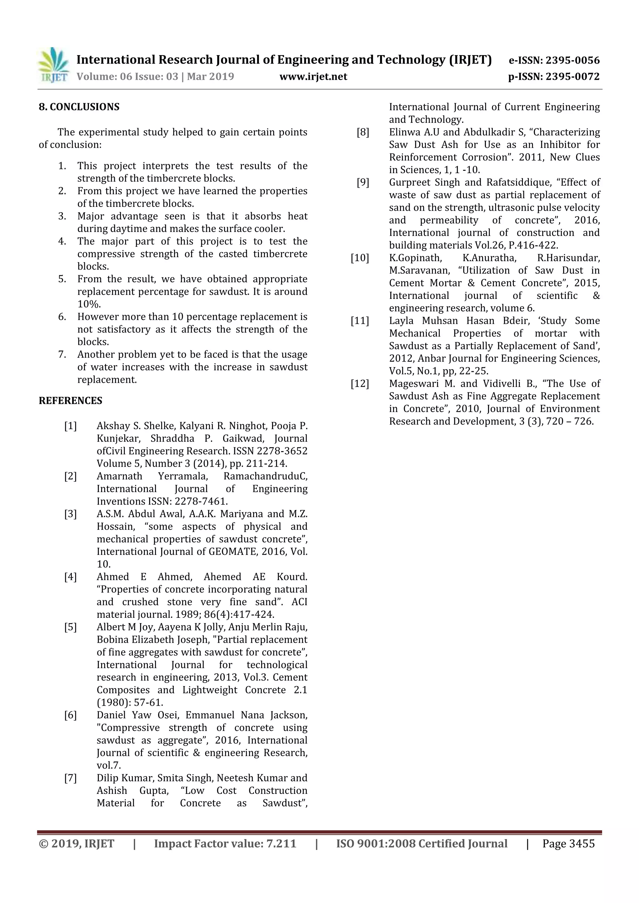 IRJET- Study on Strength of Timbercrete Blocks | PDF