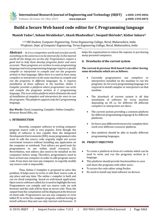 IRJET- Build a Secure Web based Code Editor for C Programming Language | PDF