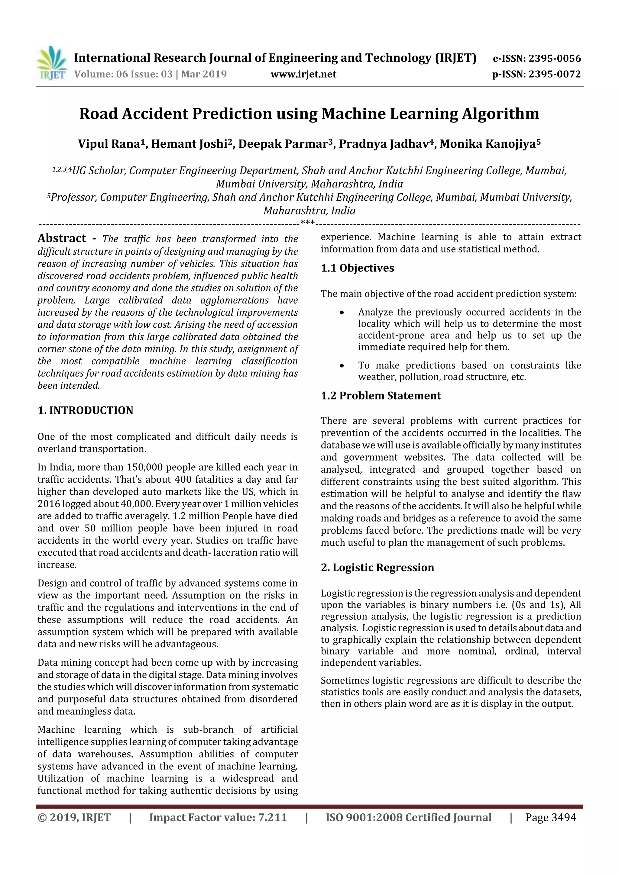 Irjet Road Accident Prediction Using Machine Learning Algorithm Pdf