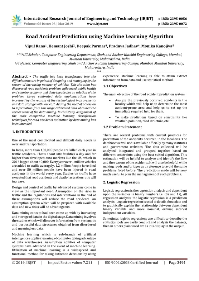 IRJET- Road Accident Prediction using Machine Learning Algorithm | PDF