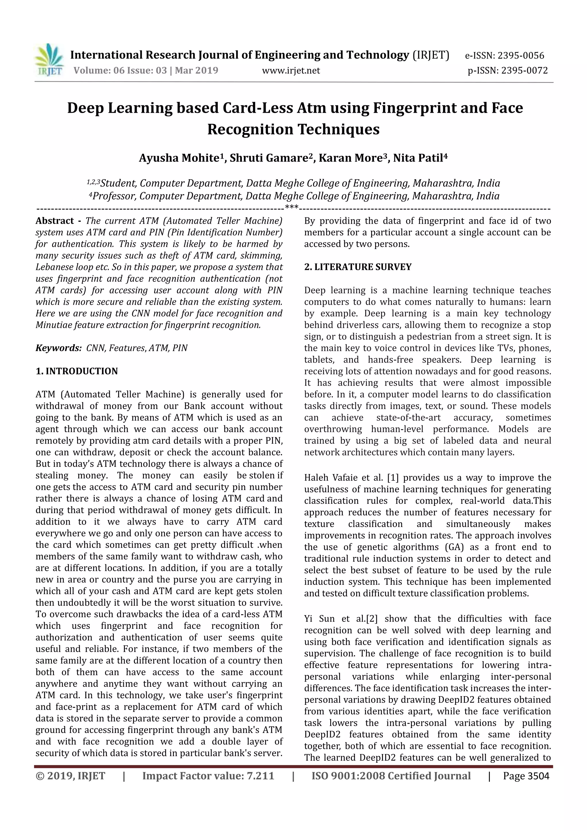 IRJET- Deep Learning Based Card-Less Atm Using Fingerprint And Face Recognition Techniques | PDF