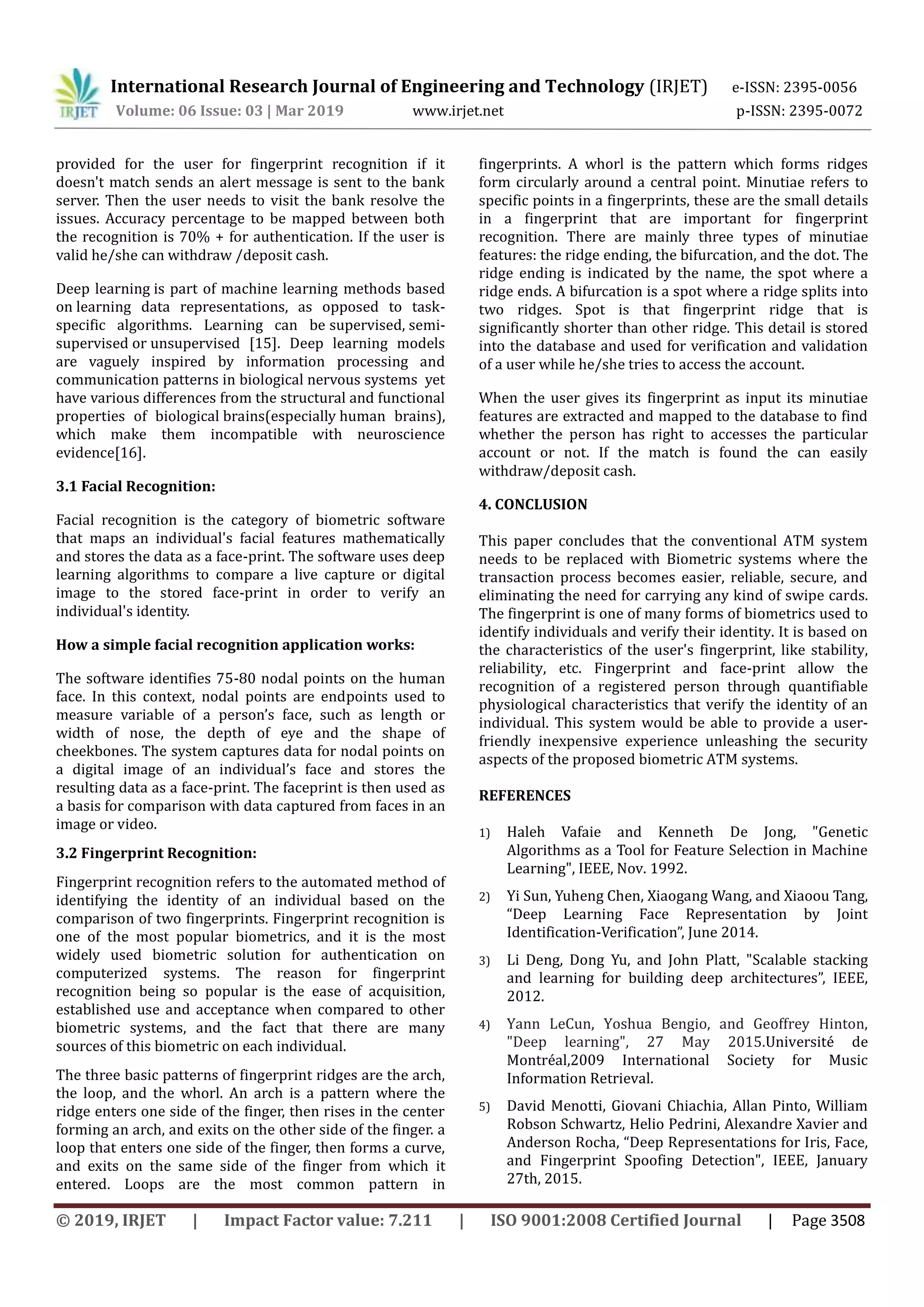 IRJET- Deep Learning Based Card-Less Atm Using Fingerprint And Face Recognition Techniques | PDF