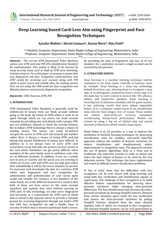 IRJET- Deep Learning Based Card-Less Atm Using Fingerprint And Face Recognition Techniques | PDF
