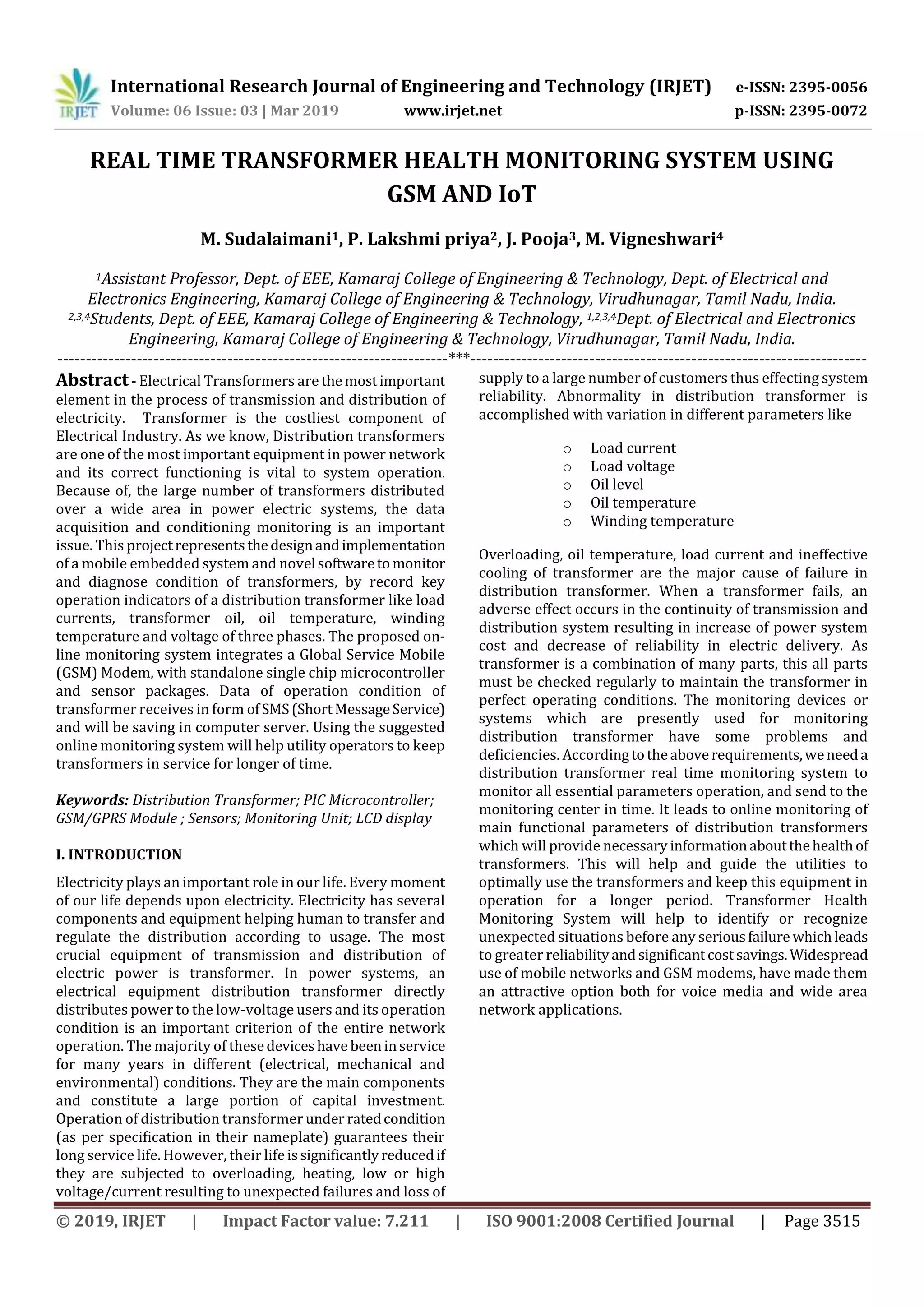 IRJET- Real Time Transformer Health Monitoring System using GSM and IoT | PDF