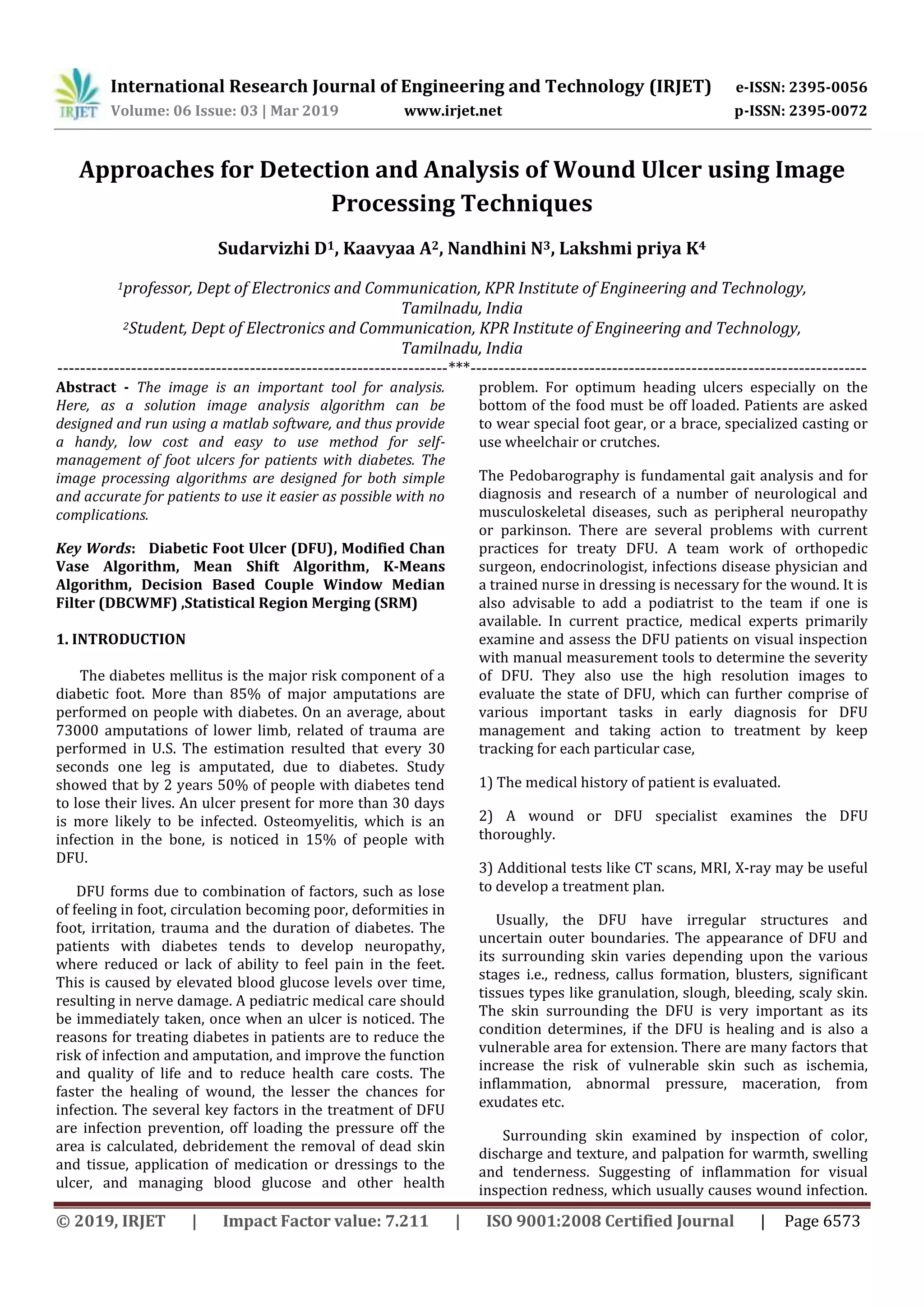 IRJET- Approaches for Detection and Analysis of Wound Ulcer using Image Processing Techniques | PDF