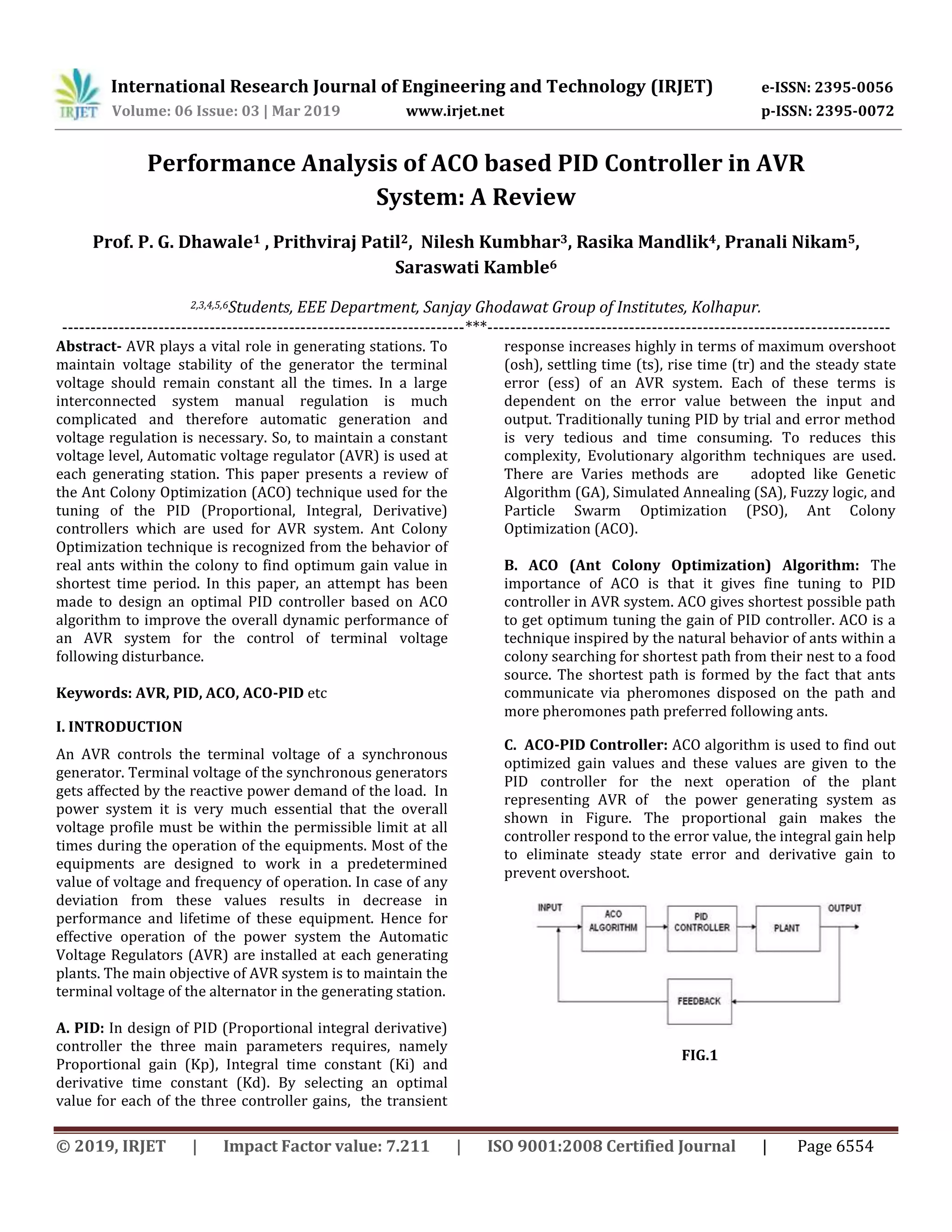 IRJET- Performance Analysis of ACO based PID Controller in AVR System: A Review | PDF