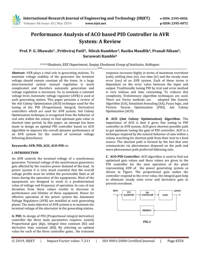 IRJET- Performance Analysis of ACO based PID Controller in AVR System: A Review | PDF