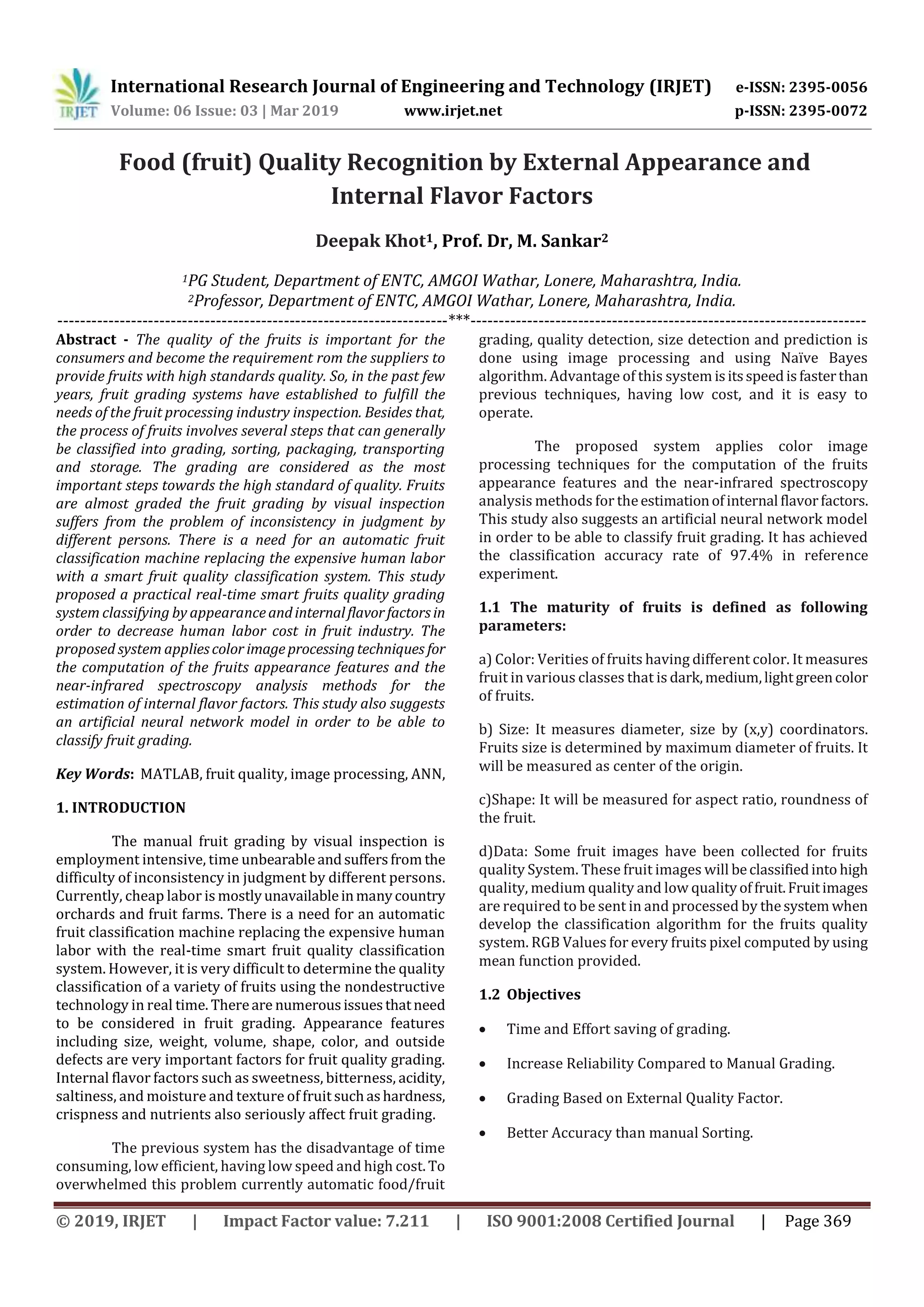 IRJET- Food (Fruit) Quality Recognition by External Appearance and InternalFlavor Factors | PDF
