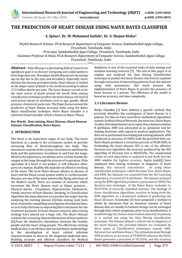 IRJET- The Prediction of Heart Disease using Naive Bayes Classifier | PDF
