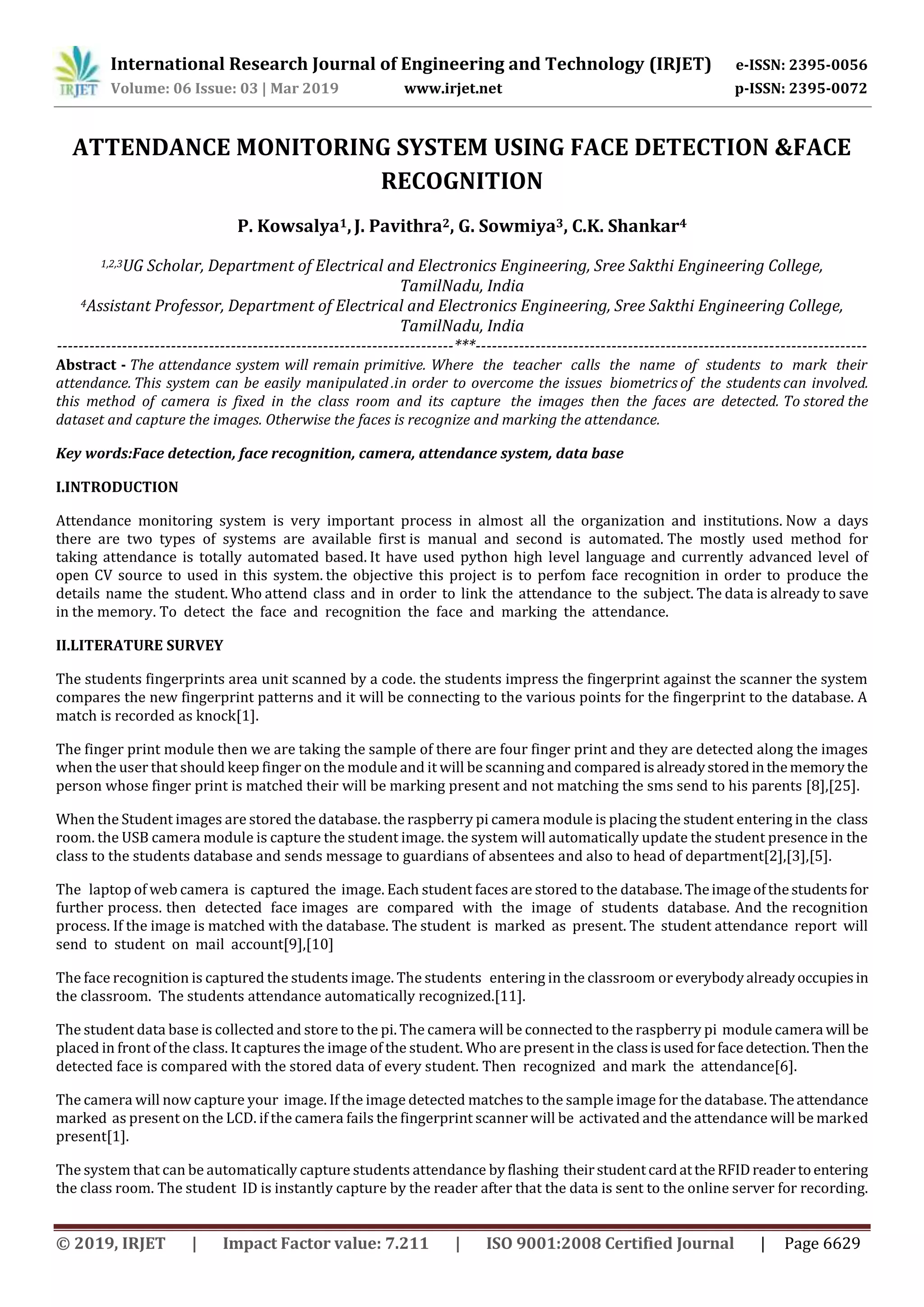 IRJET- Attendance Monitoring System using Face Detection &Face Recognition | PDF