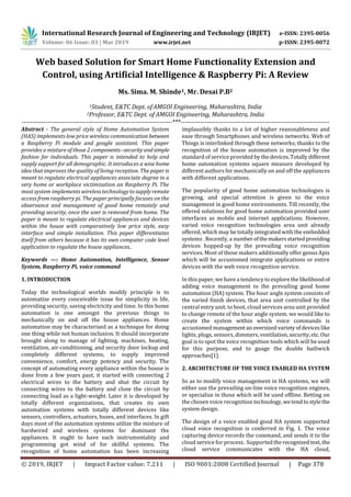 IRJET- Web based Solution for Smart Home Functionality Extension and Control, using Artificial ...