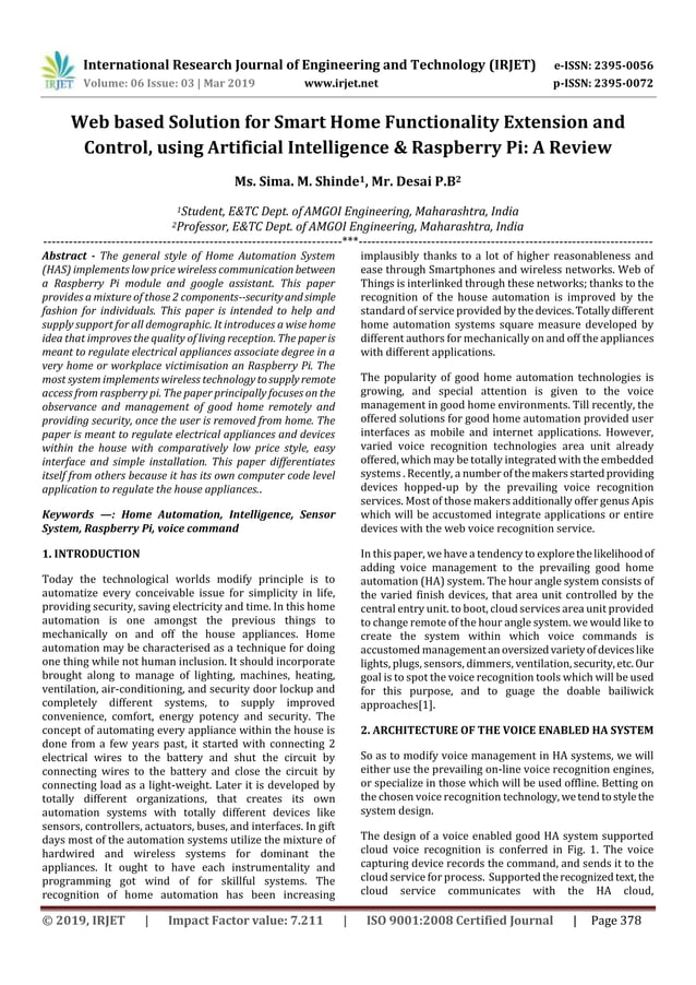 IRJET- Web based Solution for Smart Home Functionality Extension and Control, using Artificial ...