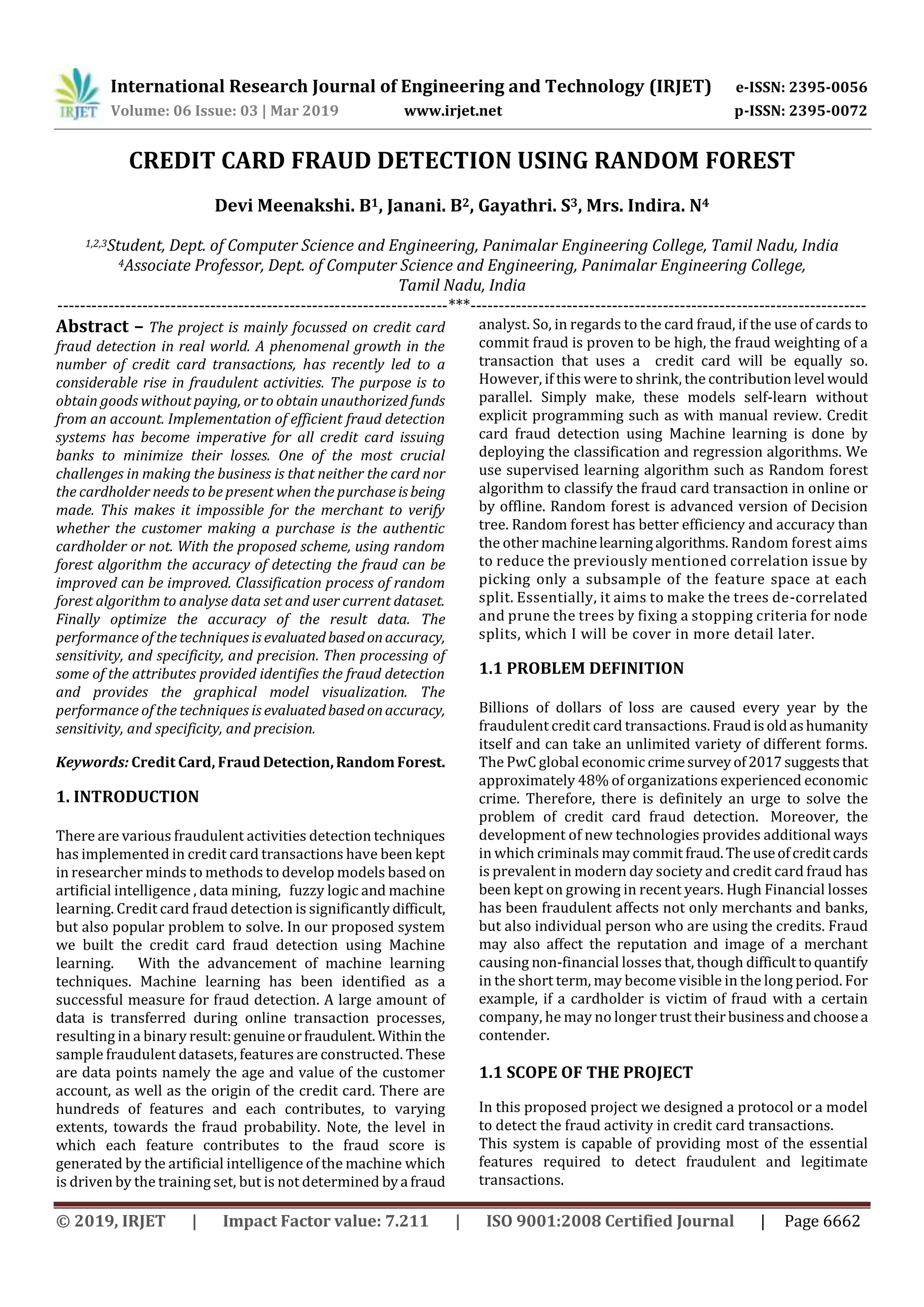 IRJET- Credit Card Fraud Detection using Random Forest | PDF