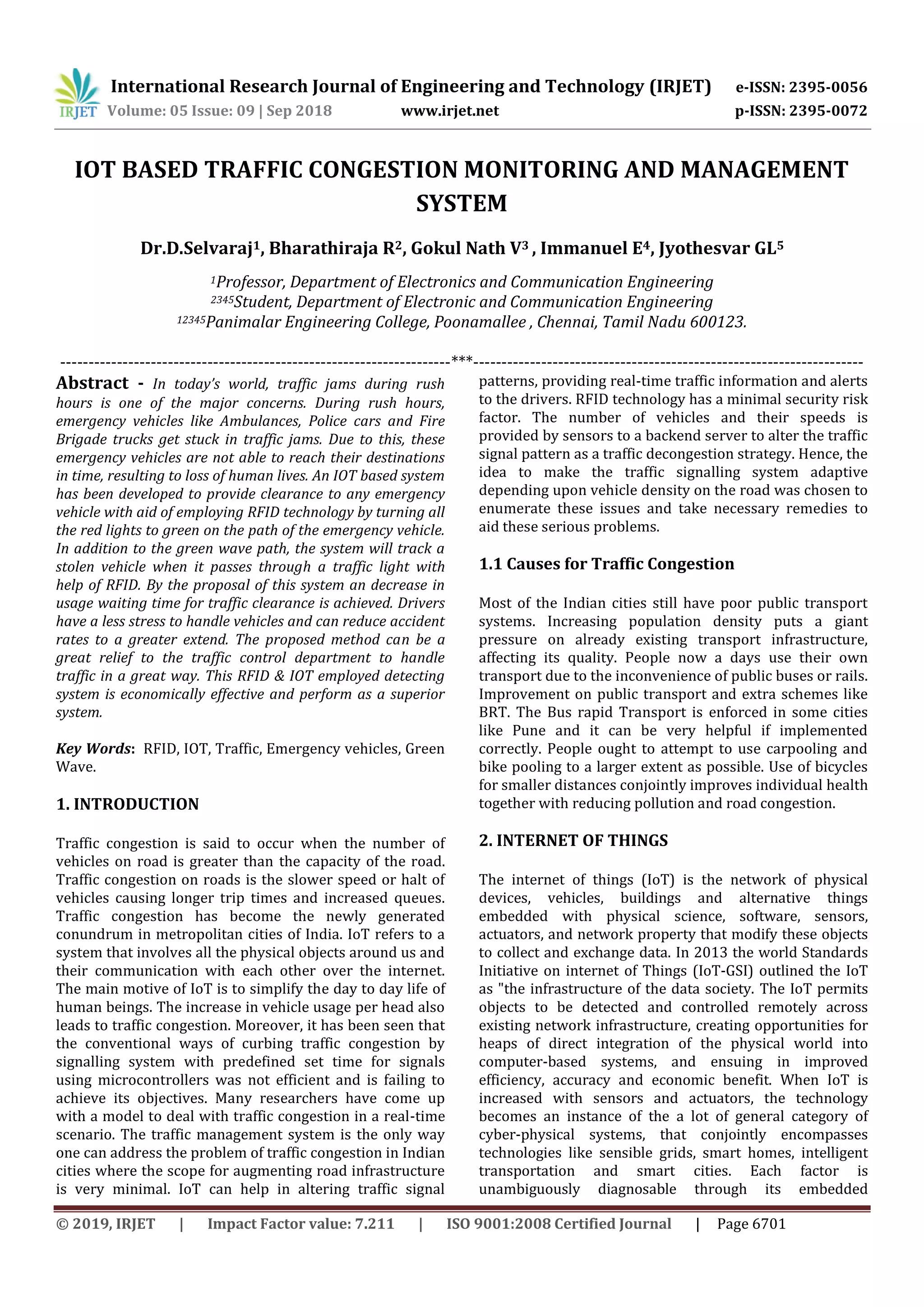 IRJET- IoT based Traffic Congestion Monitoring and Management System | PDF