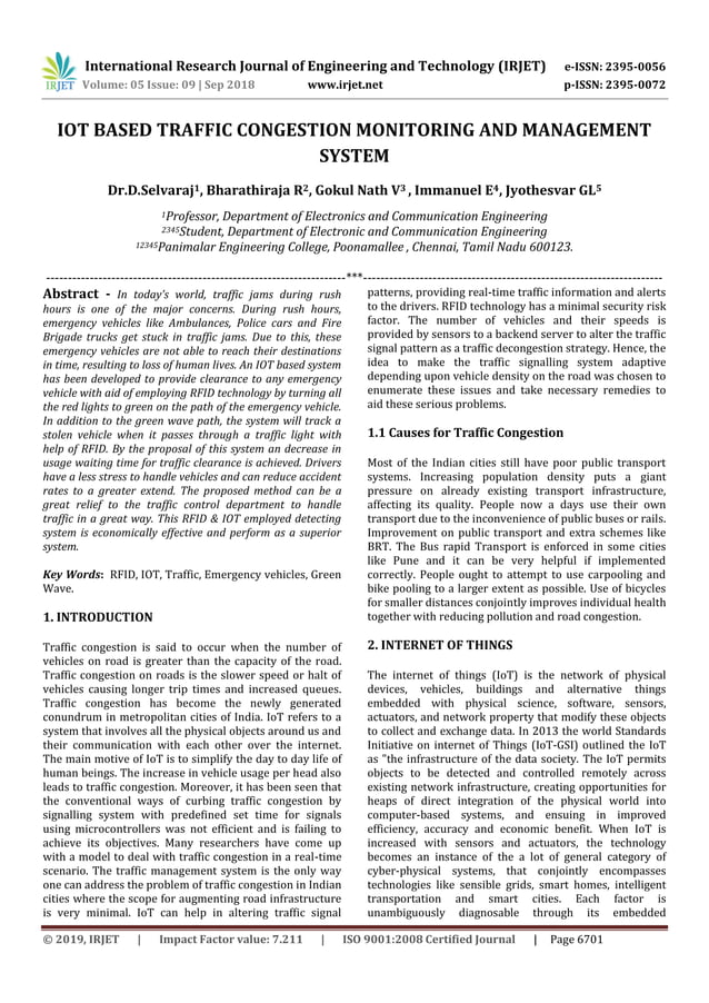 IRJET- IoT based Traffic Congestion Monitoring and Management System | PDF
