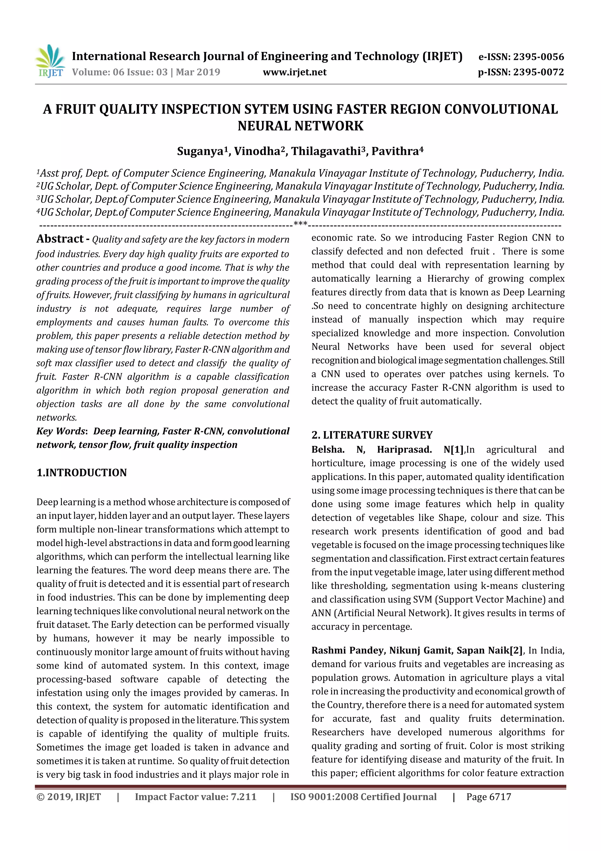 IRJET- A Fruit Quality Inspection Sytem using Faster Region Convolutional Neural Network | PDF