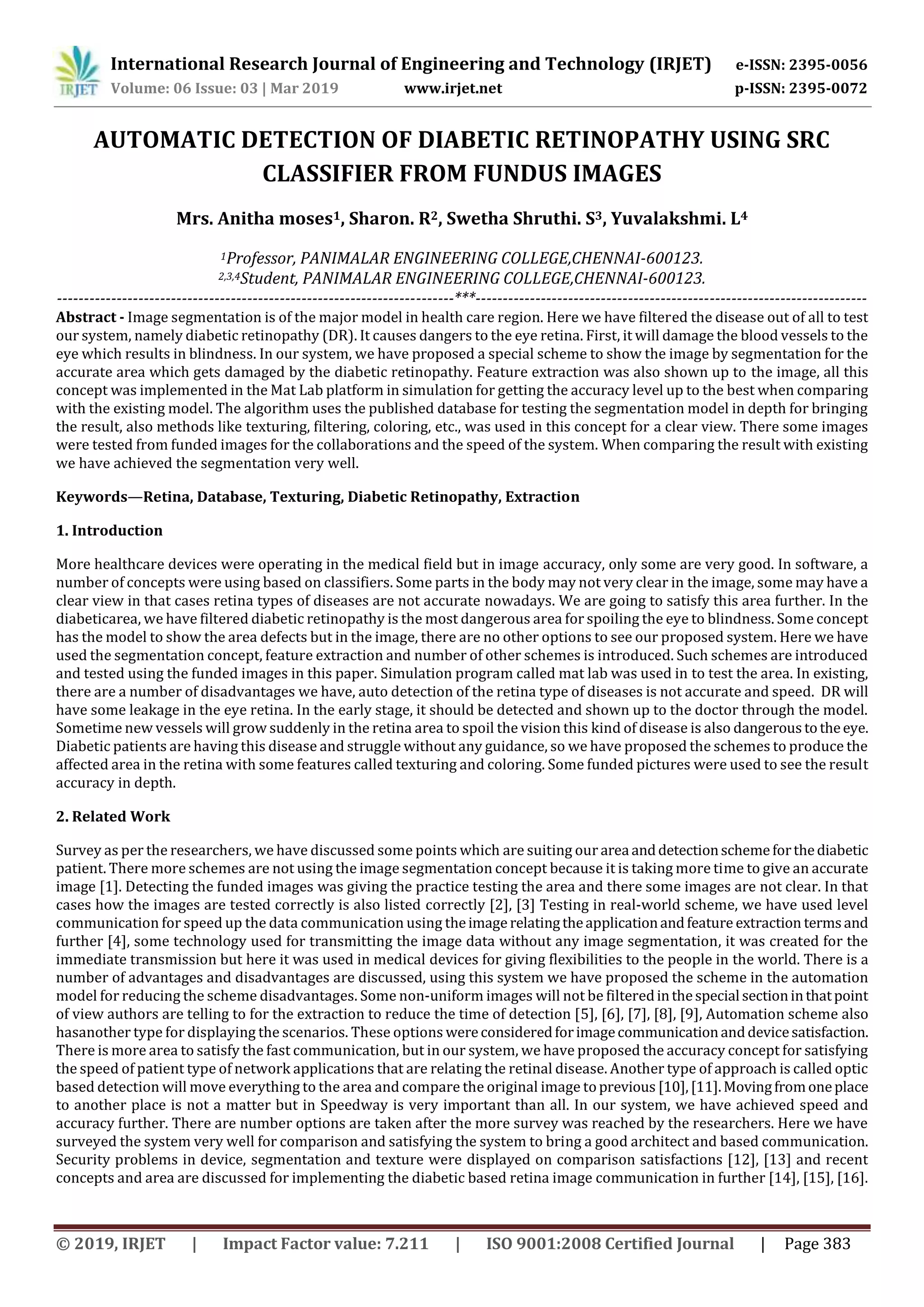 Irjet Automatic Detection Of Diabetic Retinopathy Using Src Classifier From Fundus Images Pdf