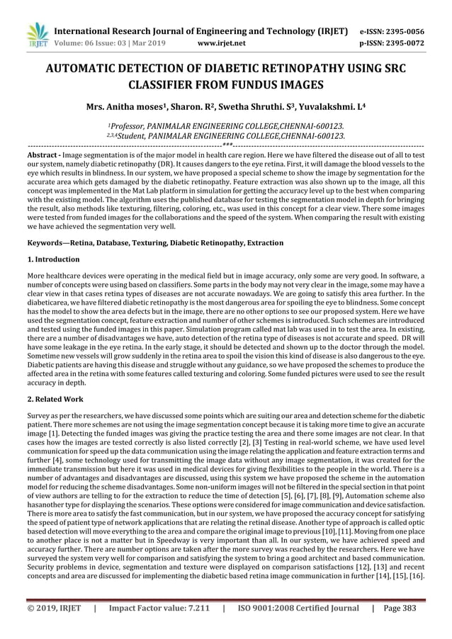 IRJET- Automatic Detection of Diabetic Retinopathy Using SRC Classifier from Fundus Images | PDF ...