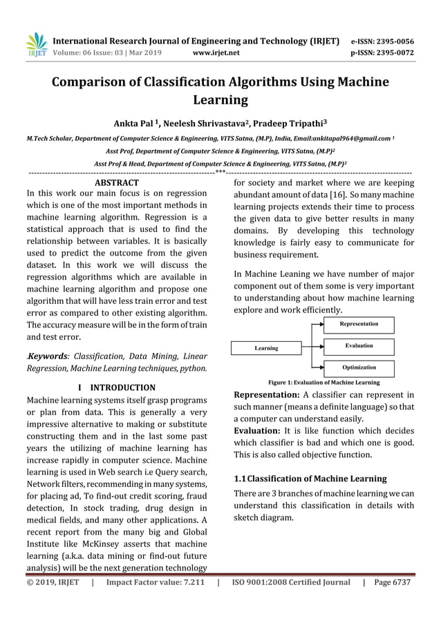 IRJET- Comparison of Classification Algorithms using Machine Learning | PDF