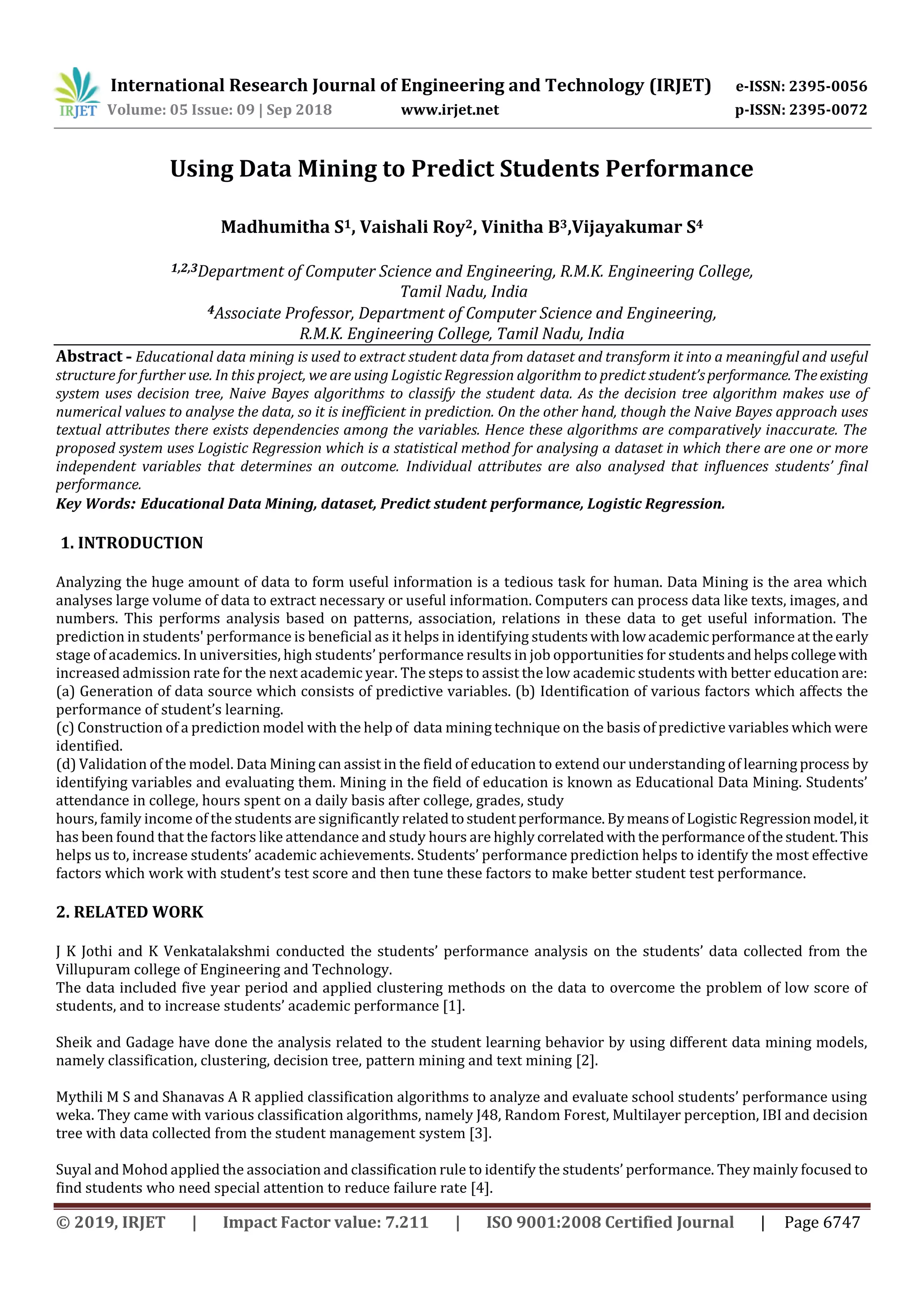 IRJET- Using Data Mining to Predict Students Performance | PDF