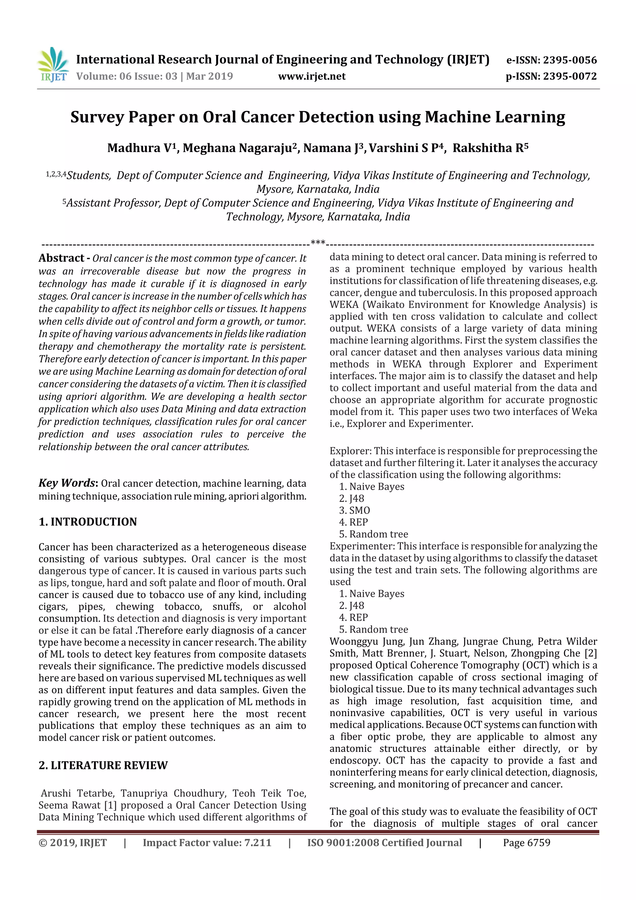 IRJET- Survey Paper on Oral Cancer Detection using Machine Learning | PDF