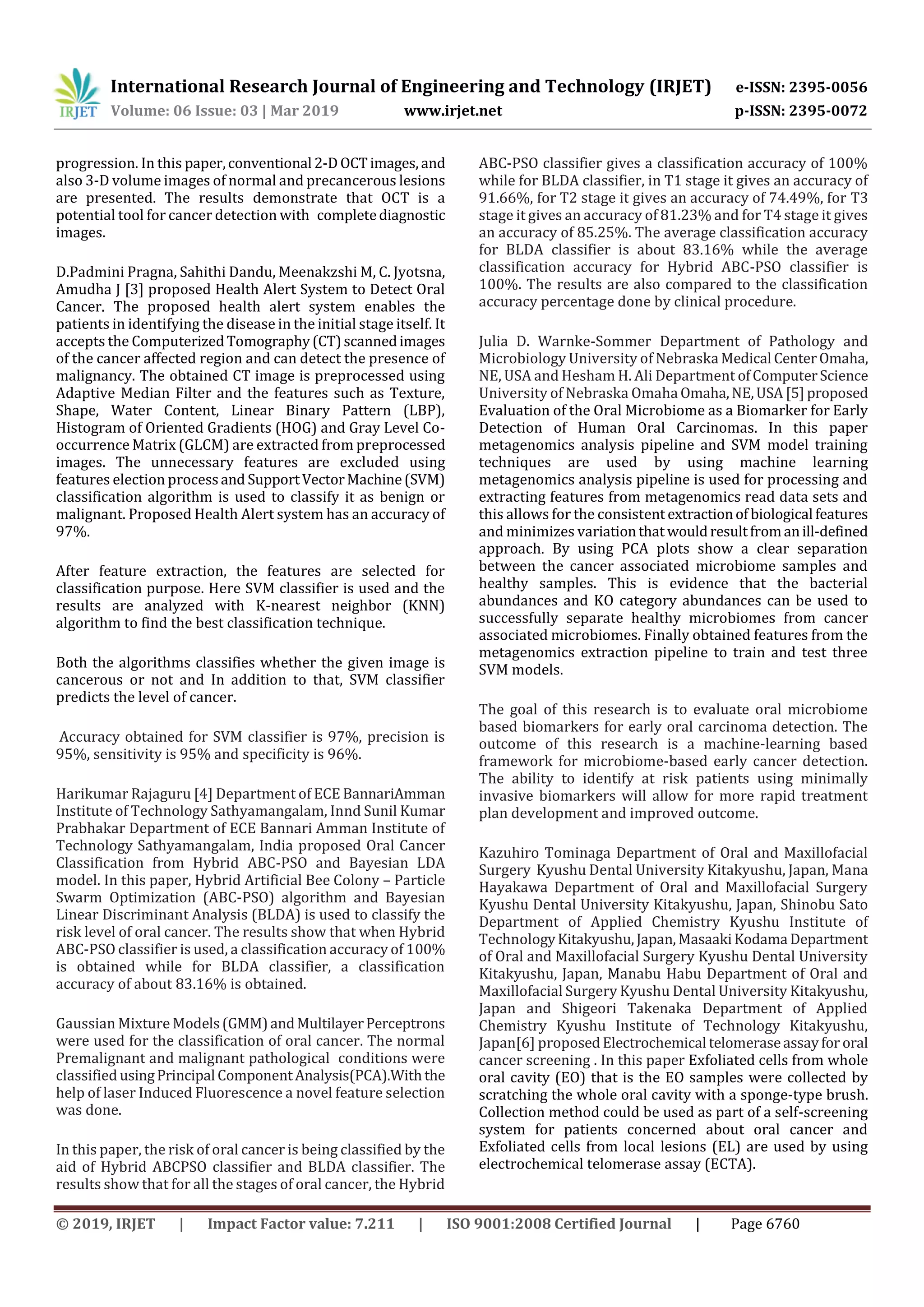 IRJET- Survey Paper on Oral Cancer Detection using Machine Learning | PDF