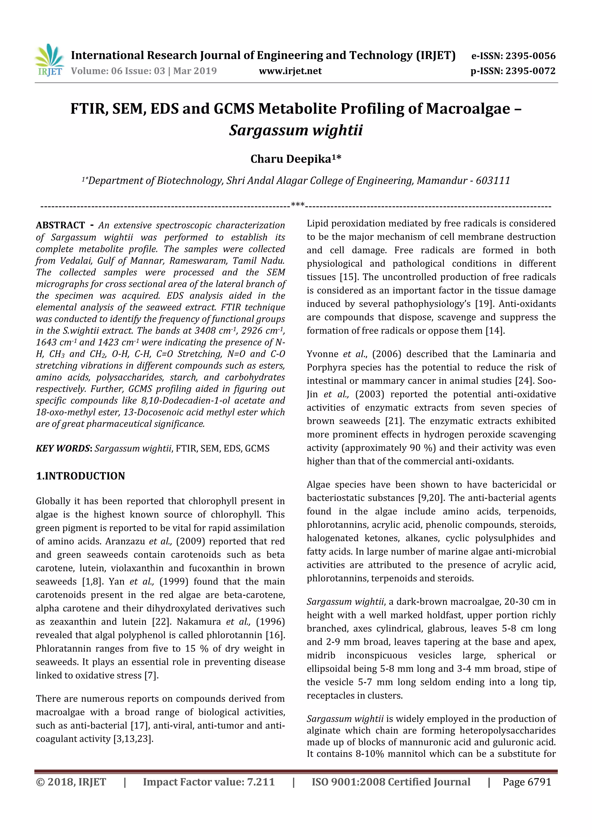 IRJET- FTIR, SEM, EDS and GCMS Metabolite Profiling of Macroalgae ...