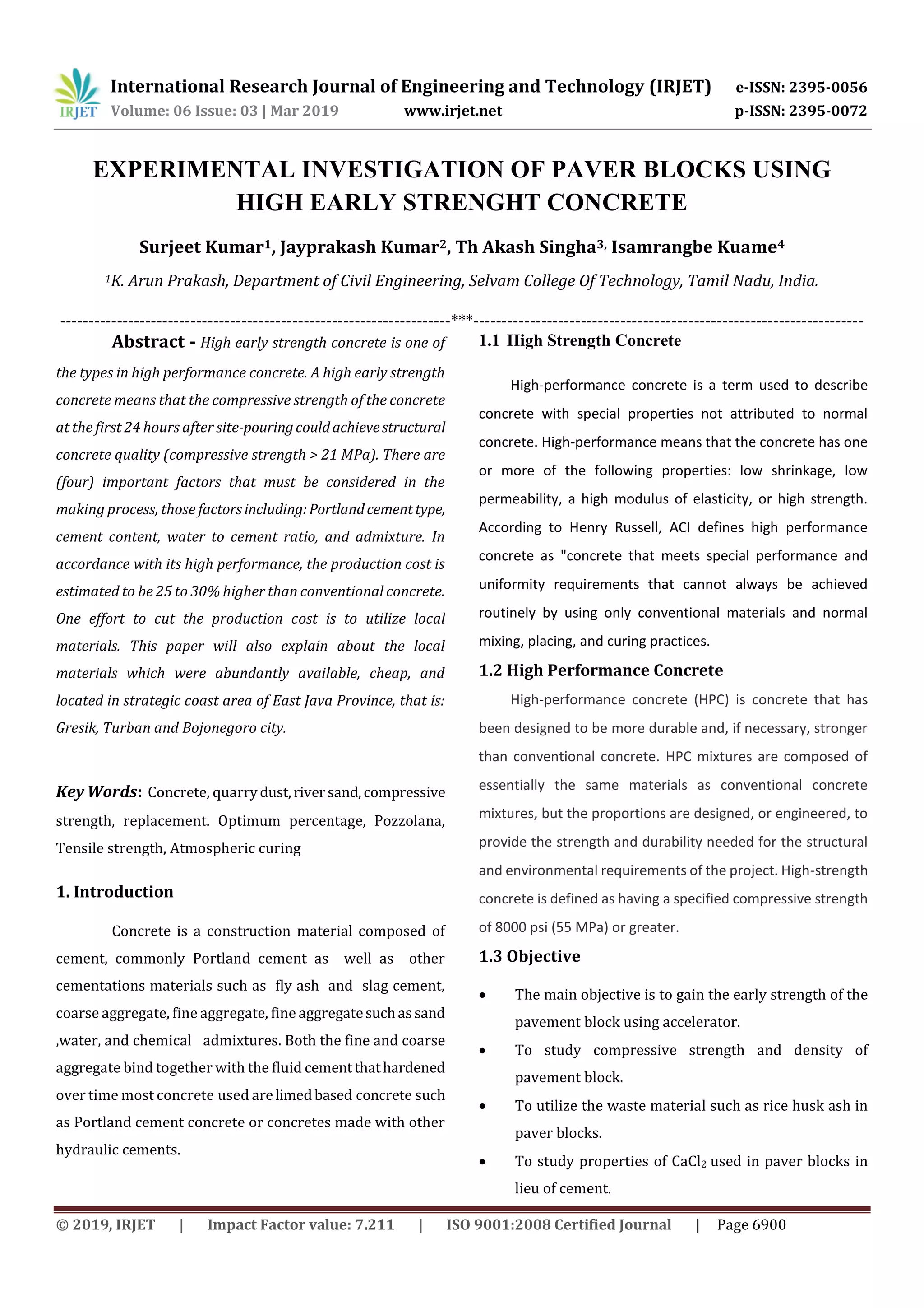 IRJET- Experimental Investigation of Paver Blocks using High Early ...