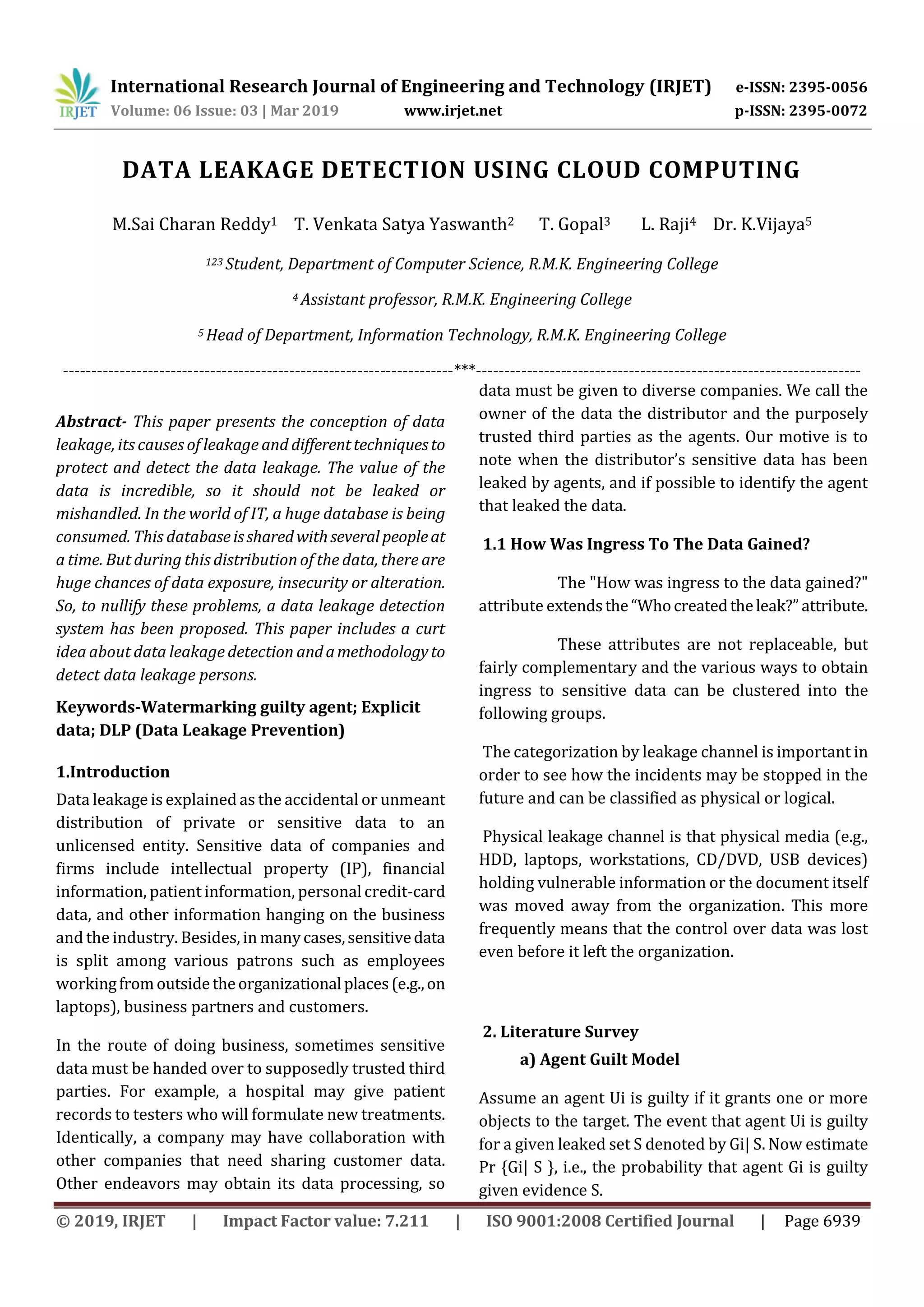 IRJET- Data Leakage Detection using Cloud Computing | PDF | Computer Software and Applications ...