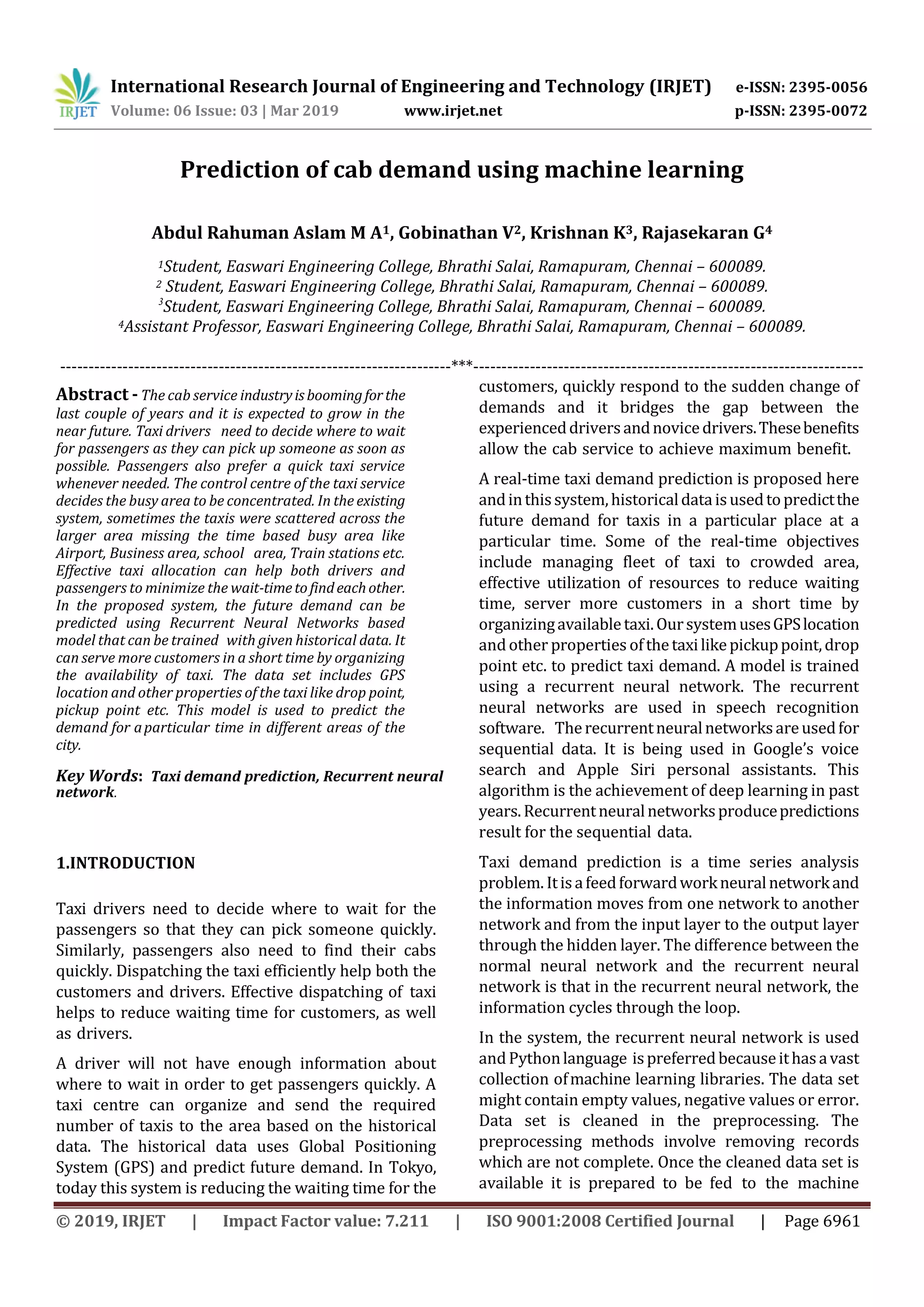 Irjet Prediction Of Cab Demand Using Machine Learning Pdf Computer Networking Computing