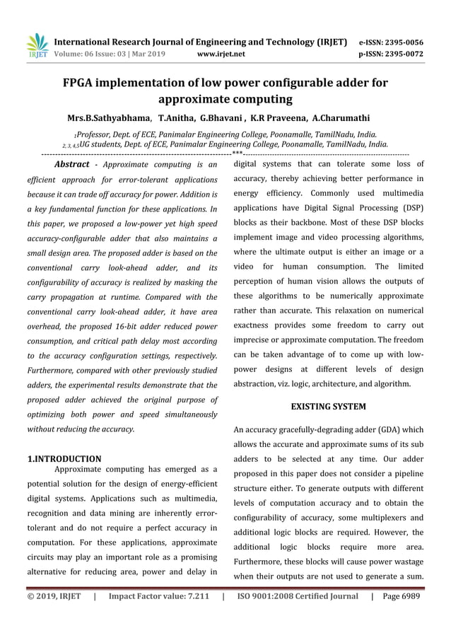 Irjet Fpga Implementation Of Low Power Configurable Adder For Approximate Computing Pdf