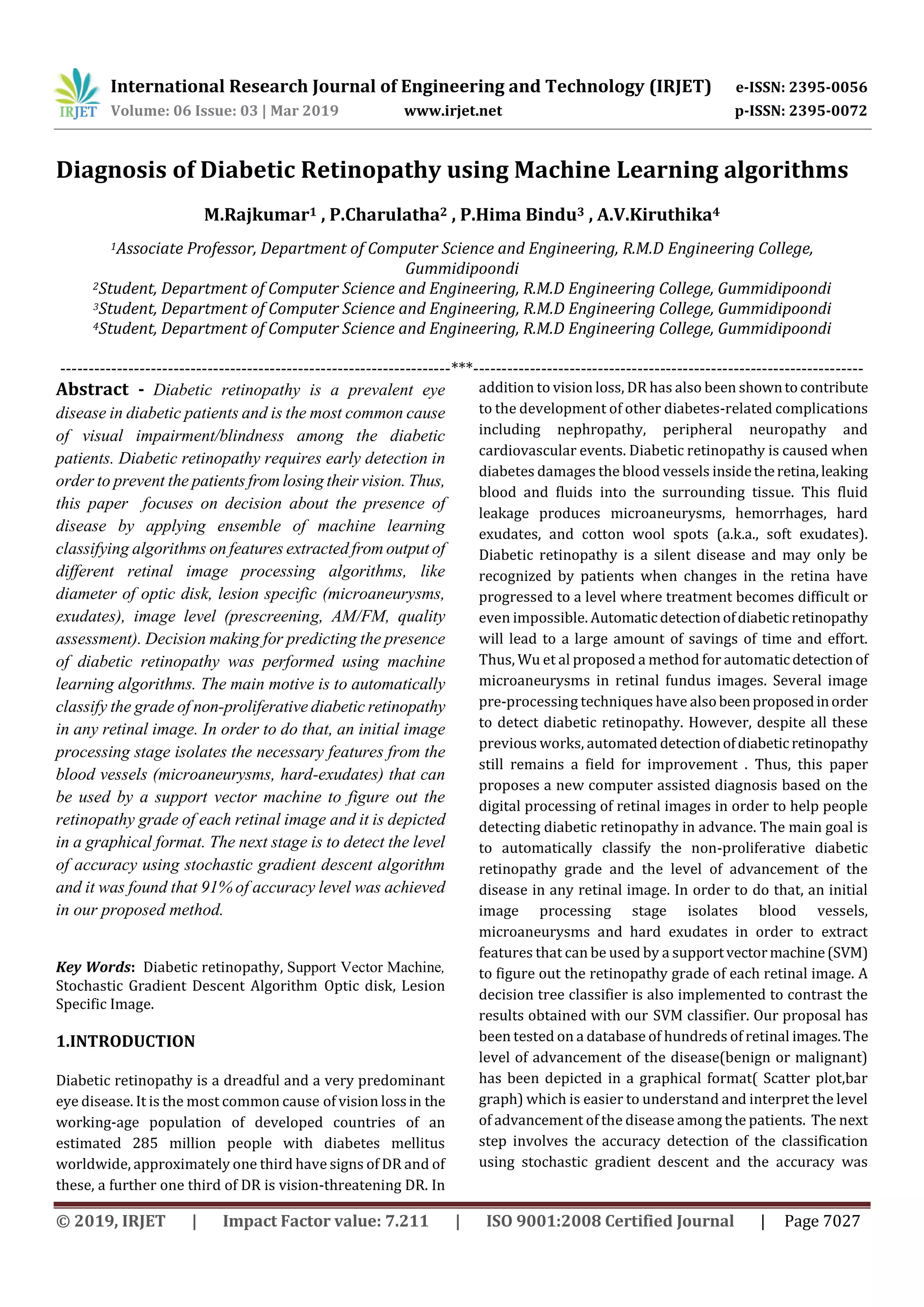 IRJET- Diagnosis of Diabetic Retinopathy using Machine Learning Algorithms | PDF | Eye and ...