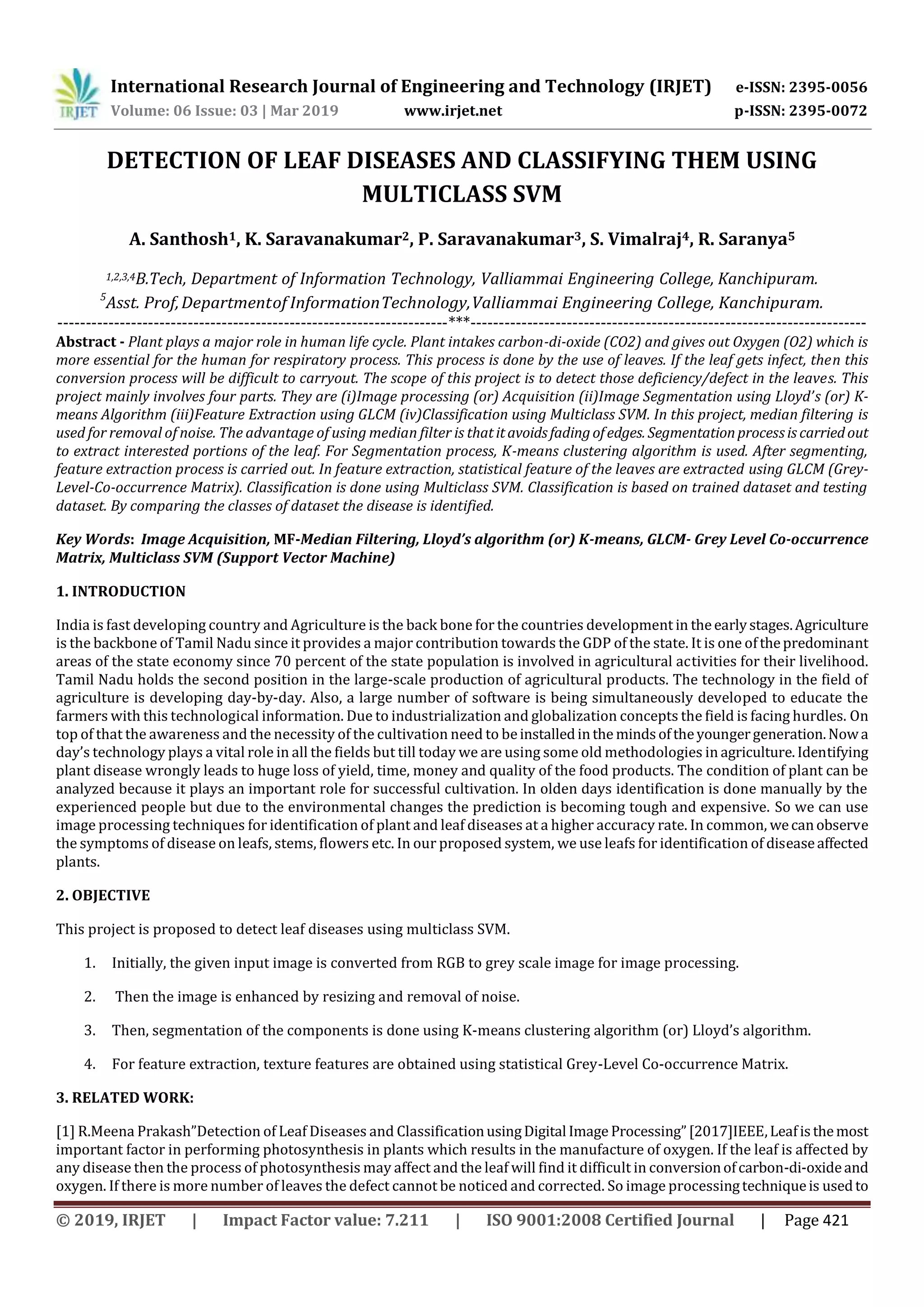 IRJET- Detection of Leaf Diseases and Classifying them using Multiclass SVM | PDF